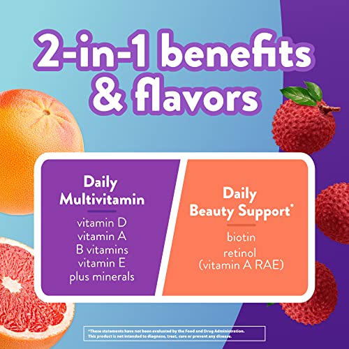 Vitafusion Multivitamin Plus Beauty β 2-in-1 Benefits β Adult Gummy with Hair, Skin & Nails Support (Biotin & Retinol β Vitamin A RAE) Daily, 90 Count