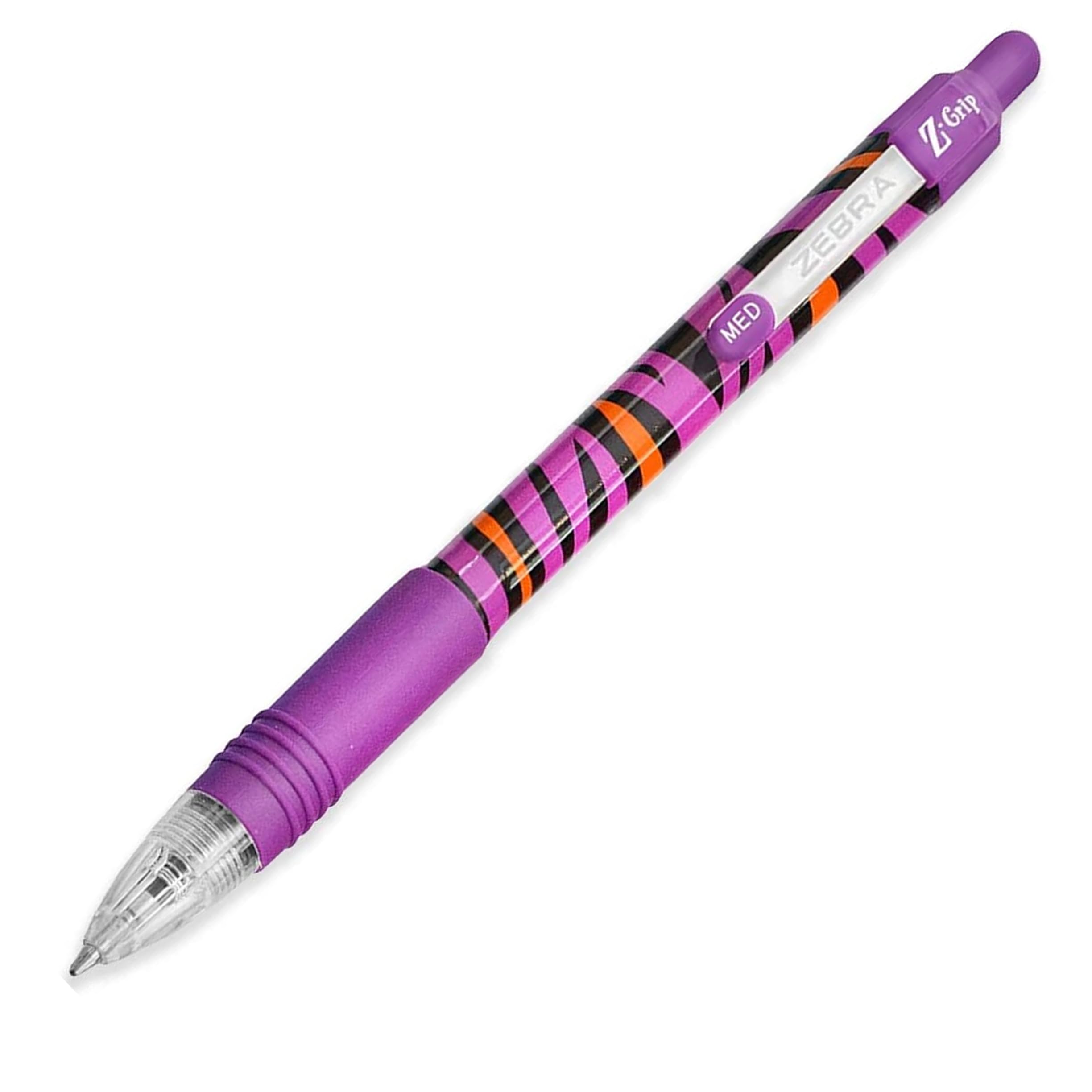 Zebra Z-Grip Funky Brights - Animal Pattern Retractable Ballpoint Pen - Purple Tiger Barrel - Pack of 6