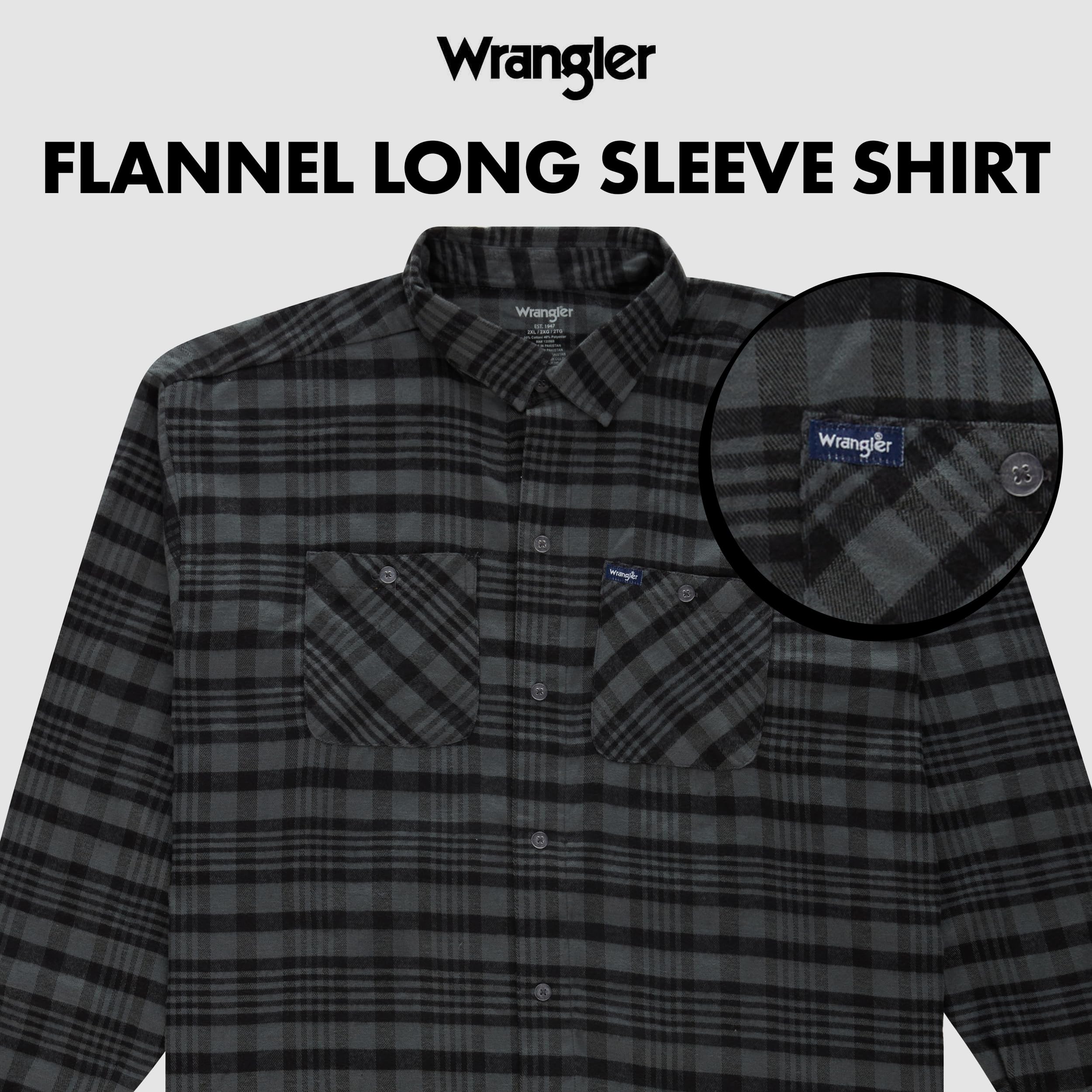 Wrangler Big and Tall Flannel Shirt for Men – Mens Button Down Plaid Shirt Charcoal/Black