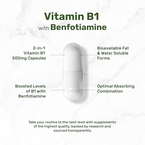 Vitamin B1 500mg with Benfotiamine, 240* Capsules – 2 in 1 Enhanced Formula – Fat & Water Soluble Thiamine B1 Supplement – Third Party Tested, Non-GMO, No Gluten