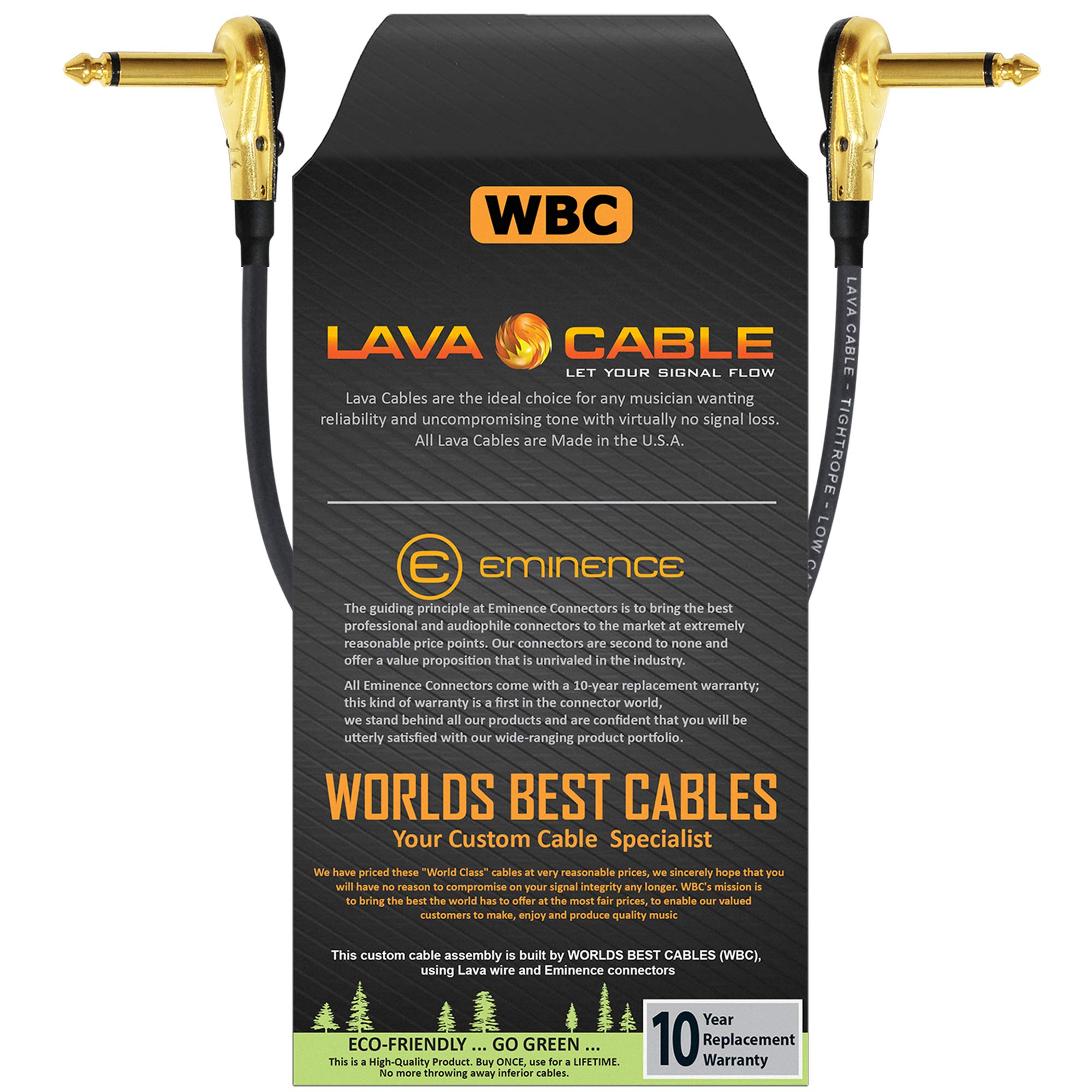 WORLDS BEST CABLES Lava Tightrope (Black) - 10 Inch - Guitar Bass Effects Instrument, Patch Cable with Premium Gold Plated ¼ Inch (6.35mm) Low-Profile, Right Angled Pancake type TS Connectors