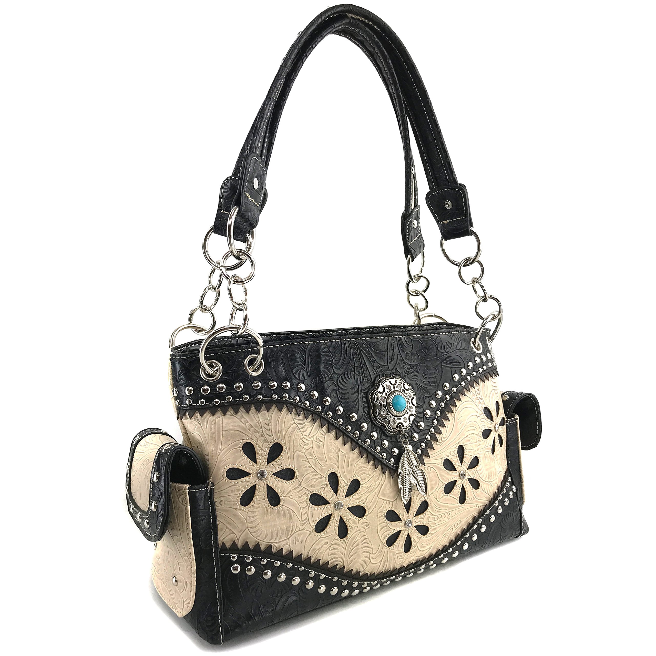 Zelris Floral Western Pu Tooled Leather Turquoise Concho Feathers Conceal Carry Women CCW Shoulder Handbag Purse (Red)