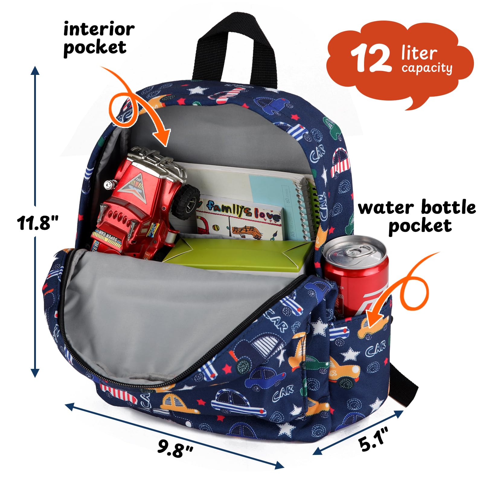 Zicac Children's Cute Canvas Backpack Toddler Backpack (M, Blue Car)