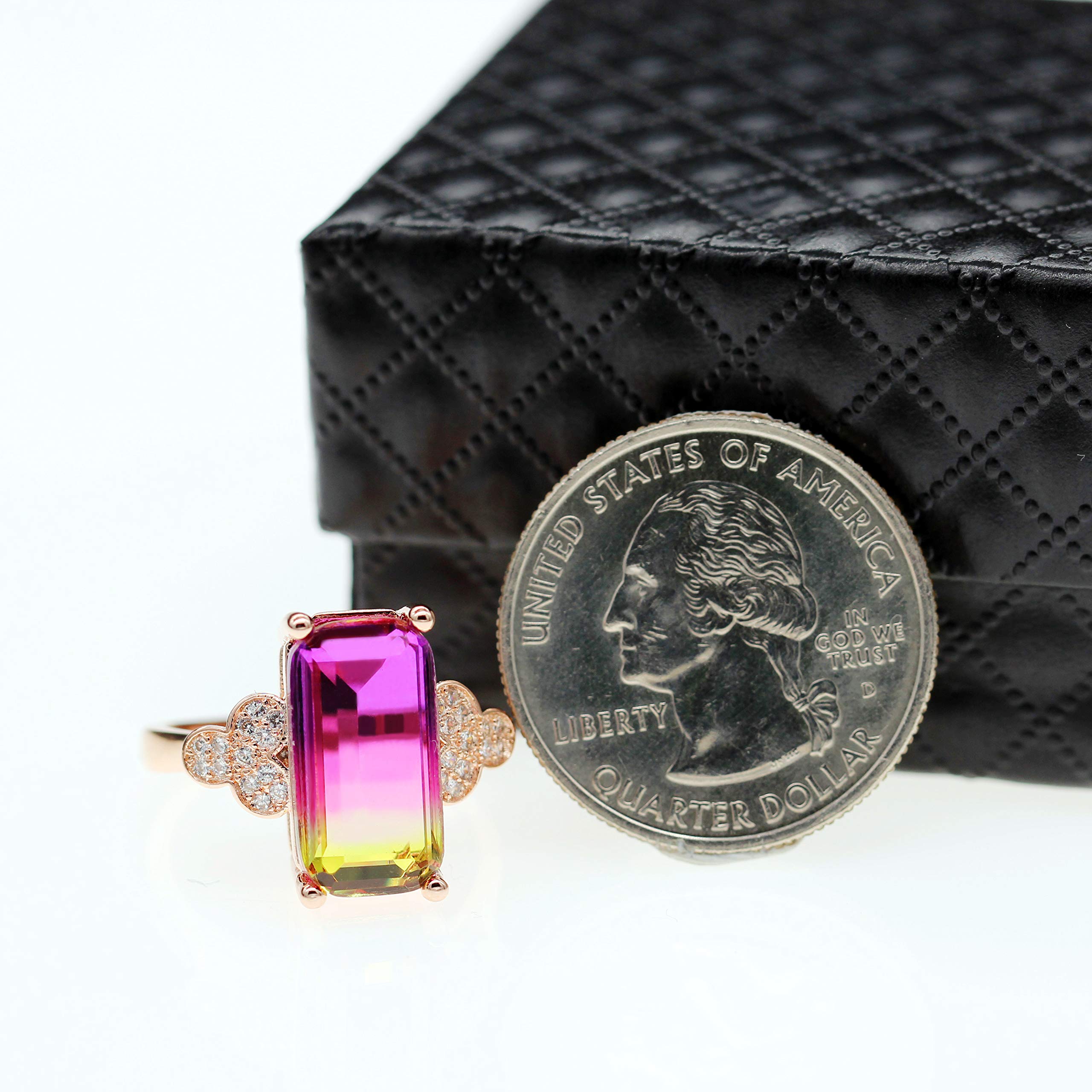 Uloveido Created Tourmaline Gemstone Rings18k Rose Gold Plated Ring with Big Rectangle Stone (size 6) RJ400