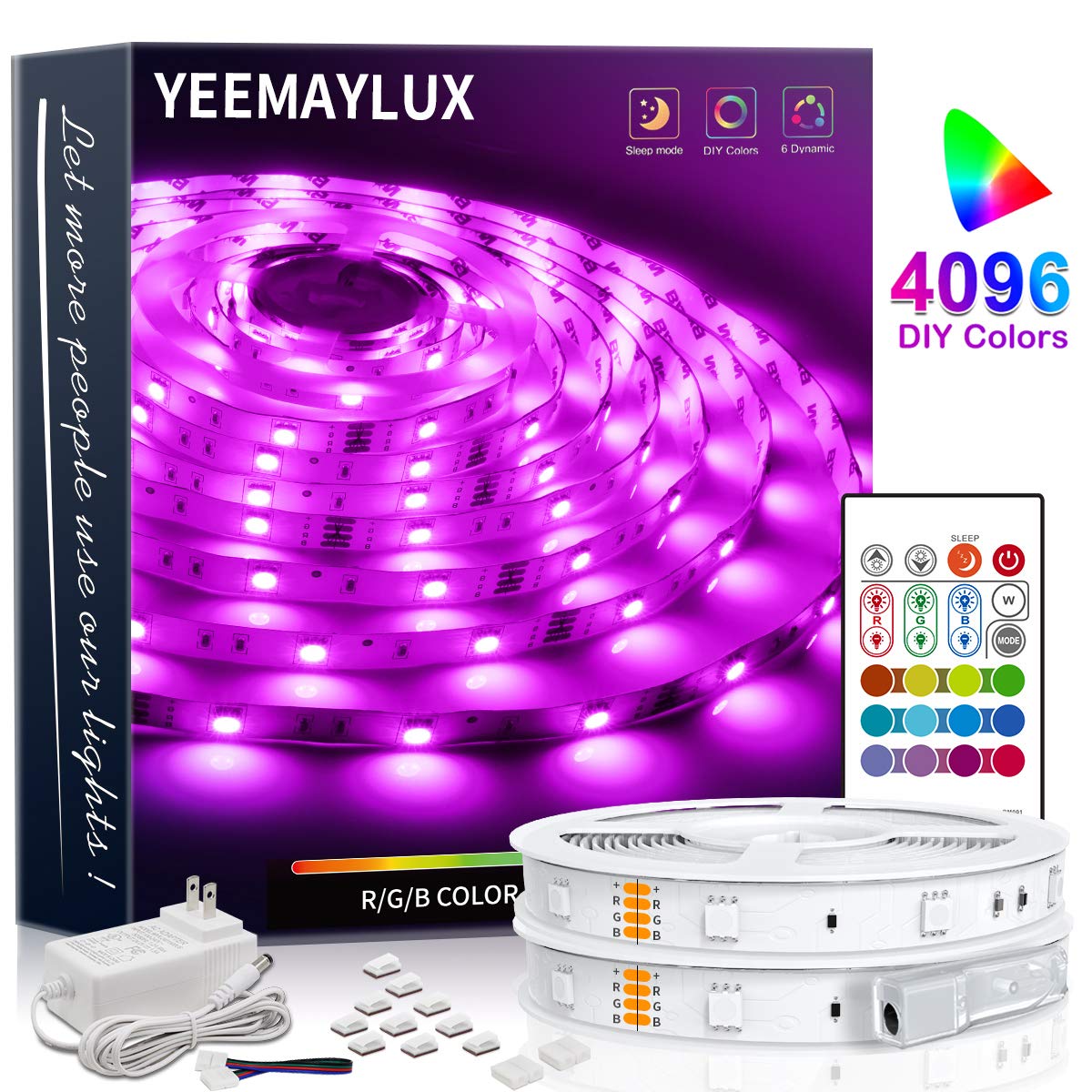 YEEMAYLUX LED Strip Light, 32.8ft 4096 DIY Color Changing Tape Lights with 5050 RGB 150 LEDs Highlight,Light Strip with Remote and 12V Power Supply,Easy Installation for TV Backlight, Party, Bedroom