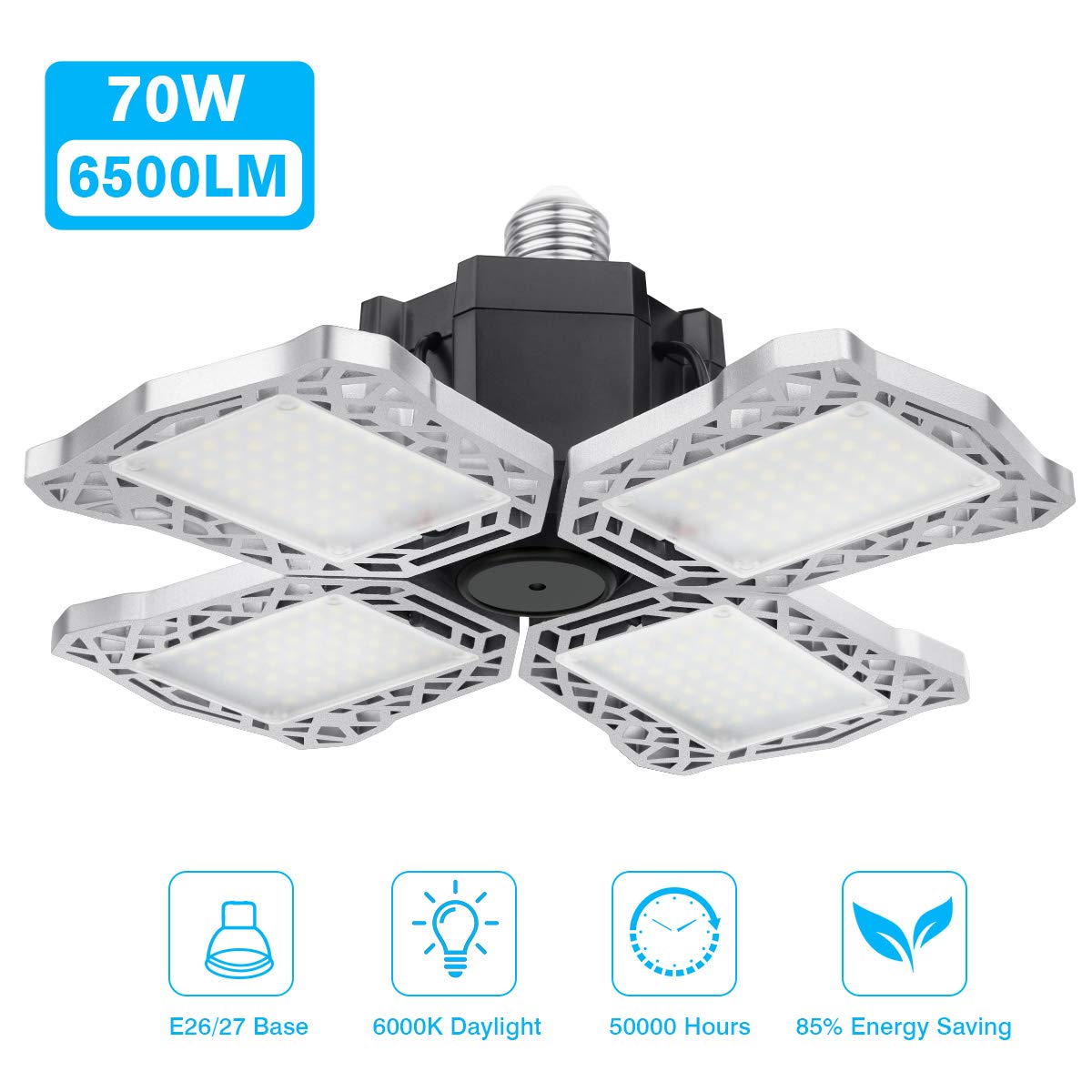 YeeSite LED Garage Lights, 70W 6500LM LED Garage Ceiling Lighting with 4 Panels for Garage, Basement, Corridor, Warehouse