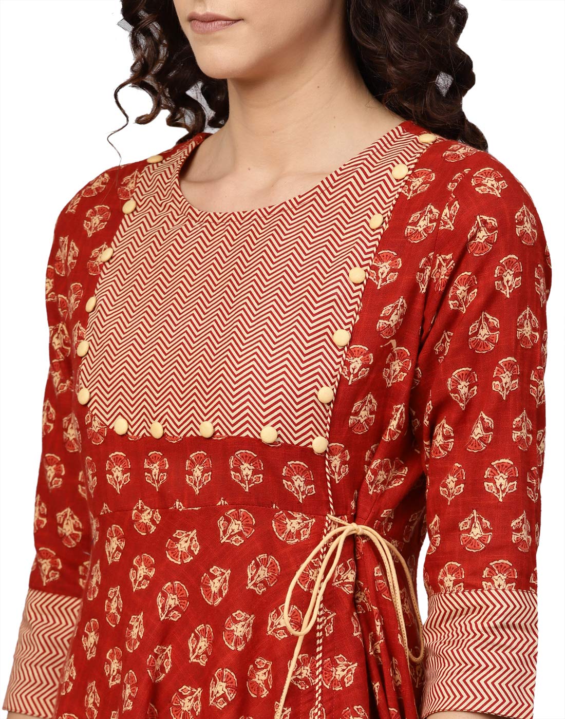 Yash Gallery Women's Cotton Slub Floral Print Angrakha Kurtis (Rustic Brown)