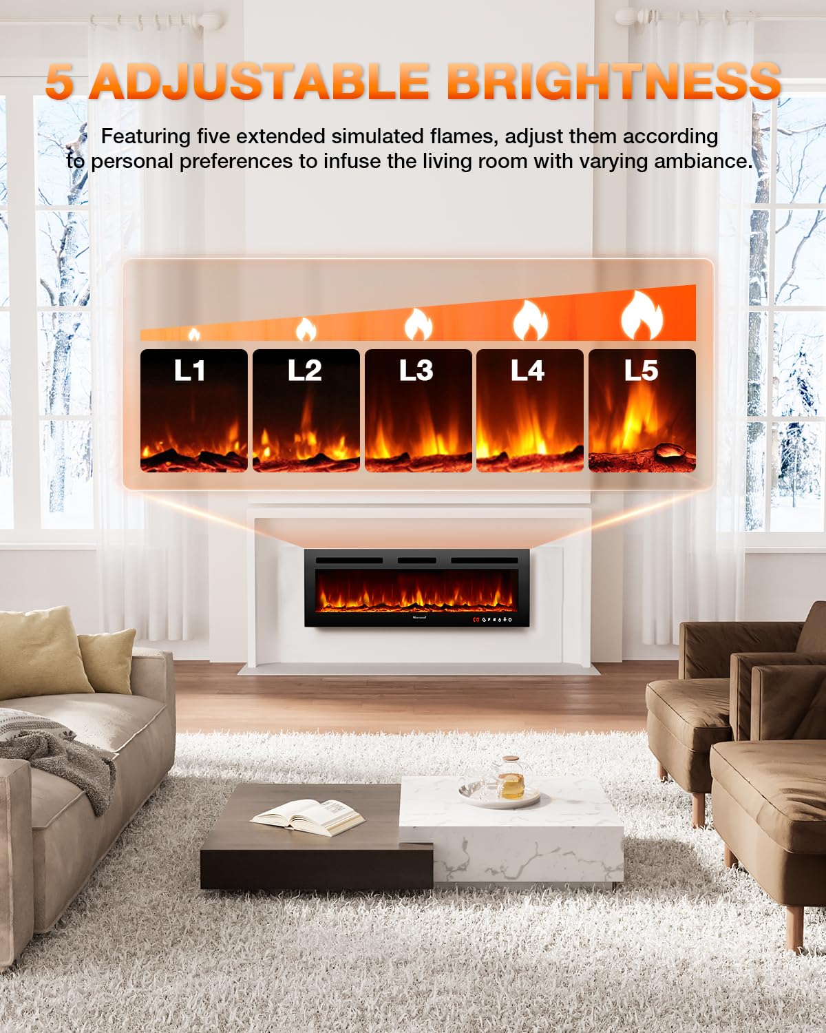 VISVEIL Electric Fireplace 50Inch,Realistic Flame Electric Fireplace Heater,Log Set/Crystal Flames 750-1500W with Timer Inserts/Wall Mounted/TV Stand Touch Screen & Remote