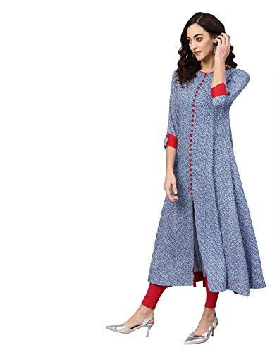 Yash Gallery Women's Plus Size Rayon Geometric Printed A-Line Kurtis (Light Blue)
