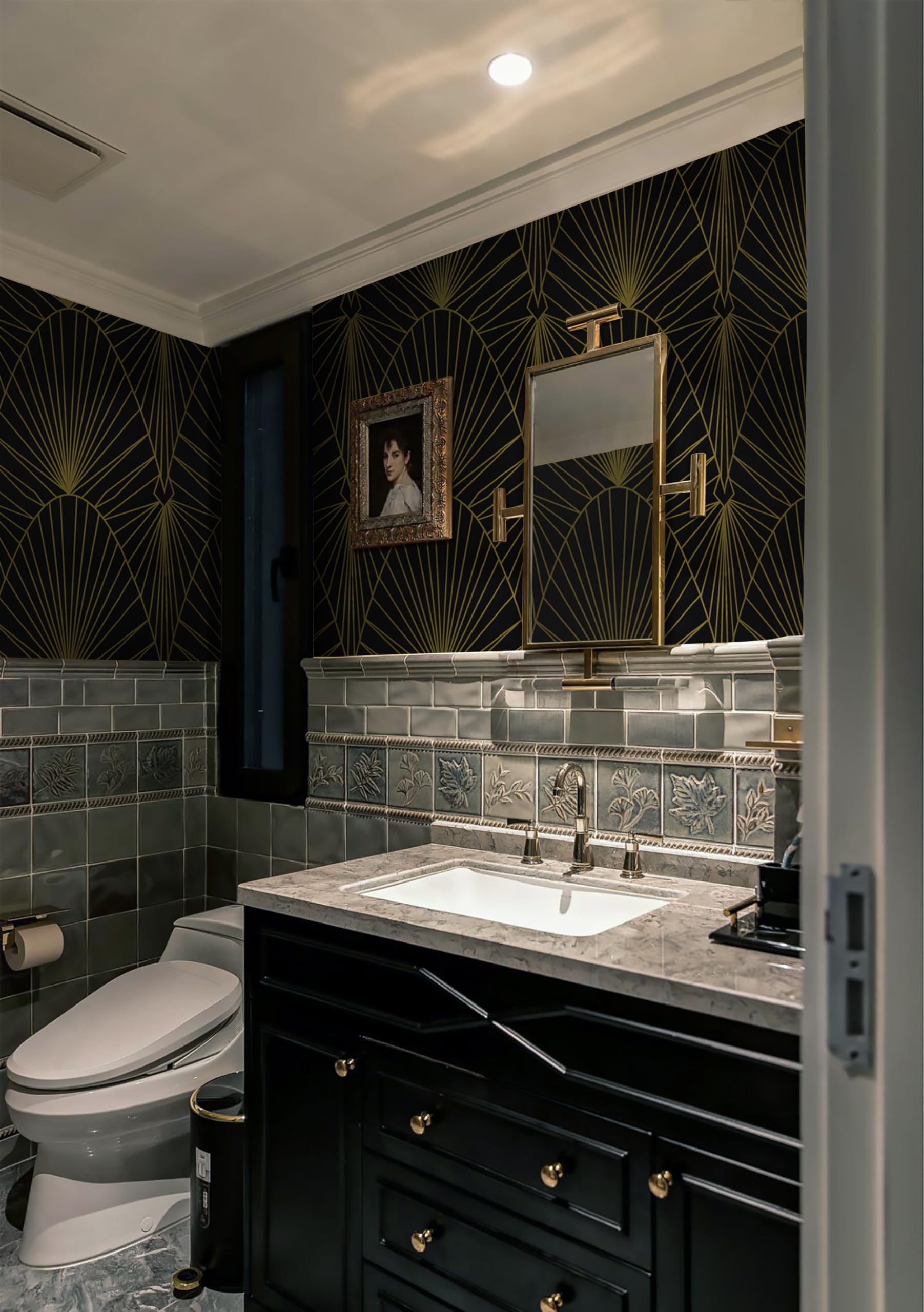 Yasinet Peel and Stick Wallpaper Black and Gold Wallpaper for Bathroom Removable Black Contact Paper Black Geometric Self Adhesive Wallpaper Decorative for Wall Cabinet 17.3”x118.7”