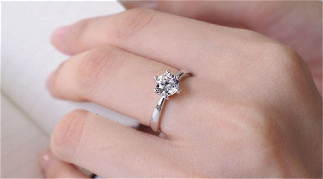 Uloveido Women Halo Setting Tarnish Resistant Engagement Solitaire Ring for Mom Platinum Plated Wedding Band Anniversary Rings (Size 8) J002-FEMALE