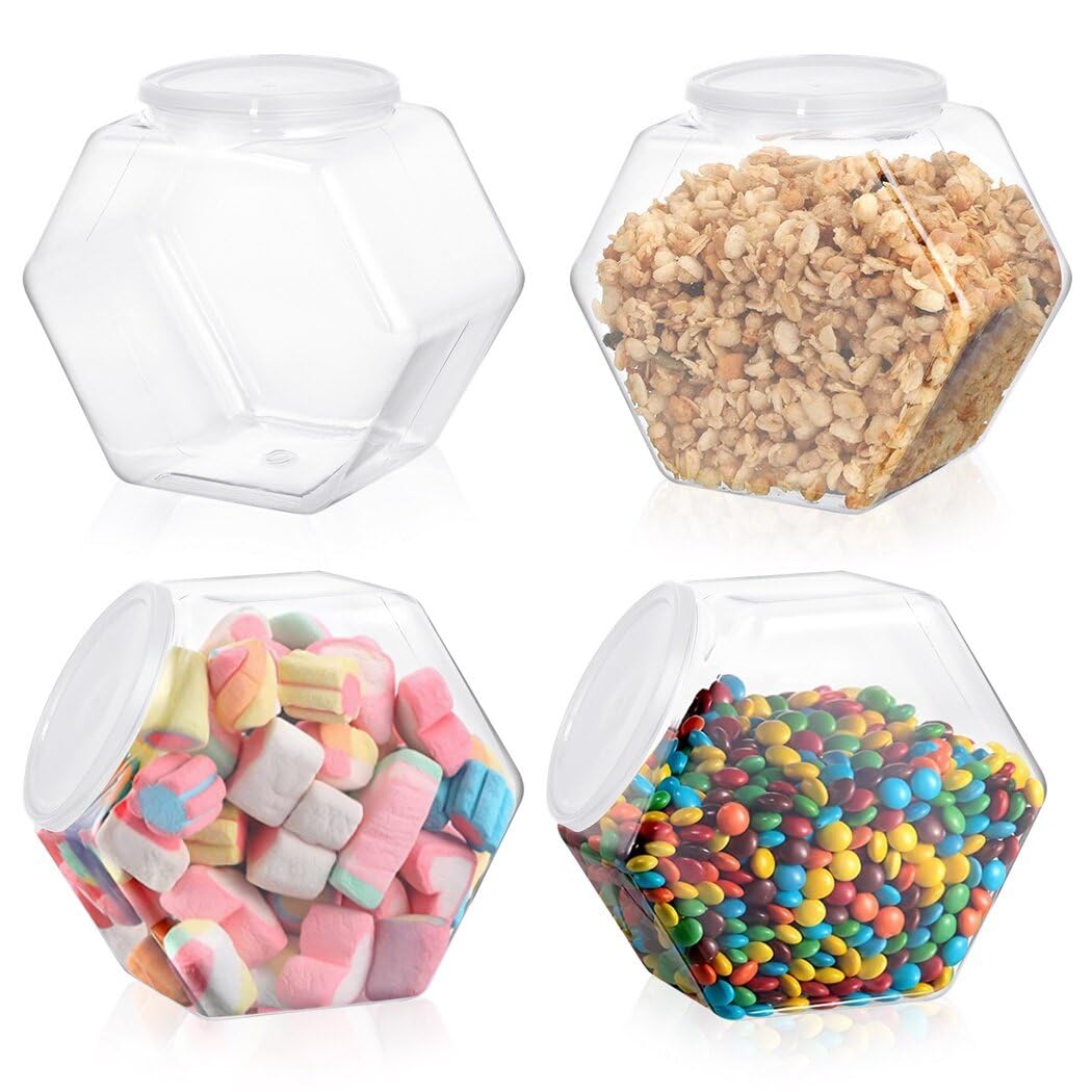 yeesport 4 PCS Plastic Hexagon Candy Jars, 72oz Plastic Cookie Jars with Lids, Food Storage Container, Wide Mouth Plastic Jar, Reusable Cookie Container, Countertop Organizer for Kitchens,