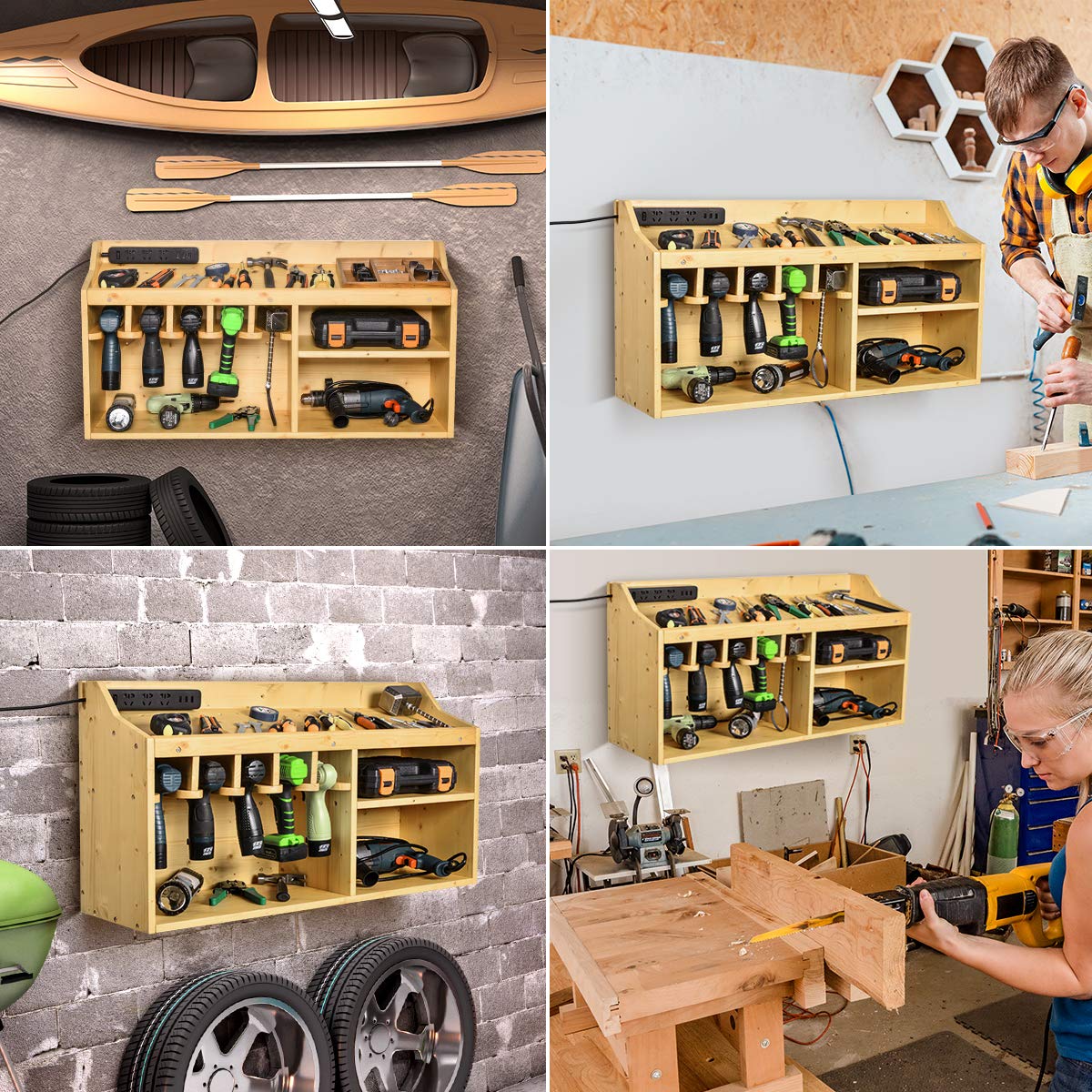XCSOURCE Power Tool Organizers and Storage Cabinets, Wooden Drill Charging Station, 5 Slots Drill Holder Storage Racks Wall Mount with 3 Shelves for Work Bench, Wrench, Screwdriver, Drills