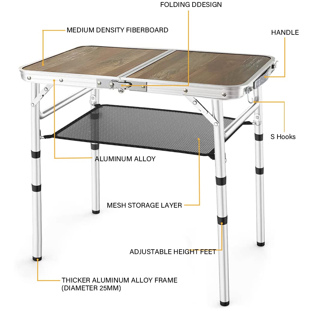 YihuiKo Small Folding Table,3 Adjustable Heights Foldable Table, Camping Table,Outdoor Folding Table with Storage Mesh Layer,Portable Table for BBQ,Patio,Garden and Indoor(Brown)