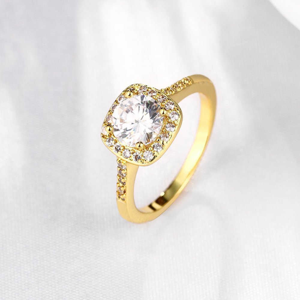 Xiaomei Clear and Exquisite 925 Sterling Silver Cube Diamond Drill Cz Diamond Engagement Bride Jewelry Ring (US Code 6, Gold)