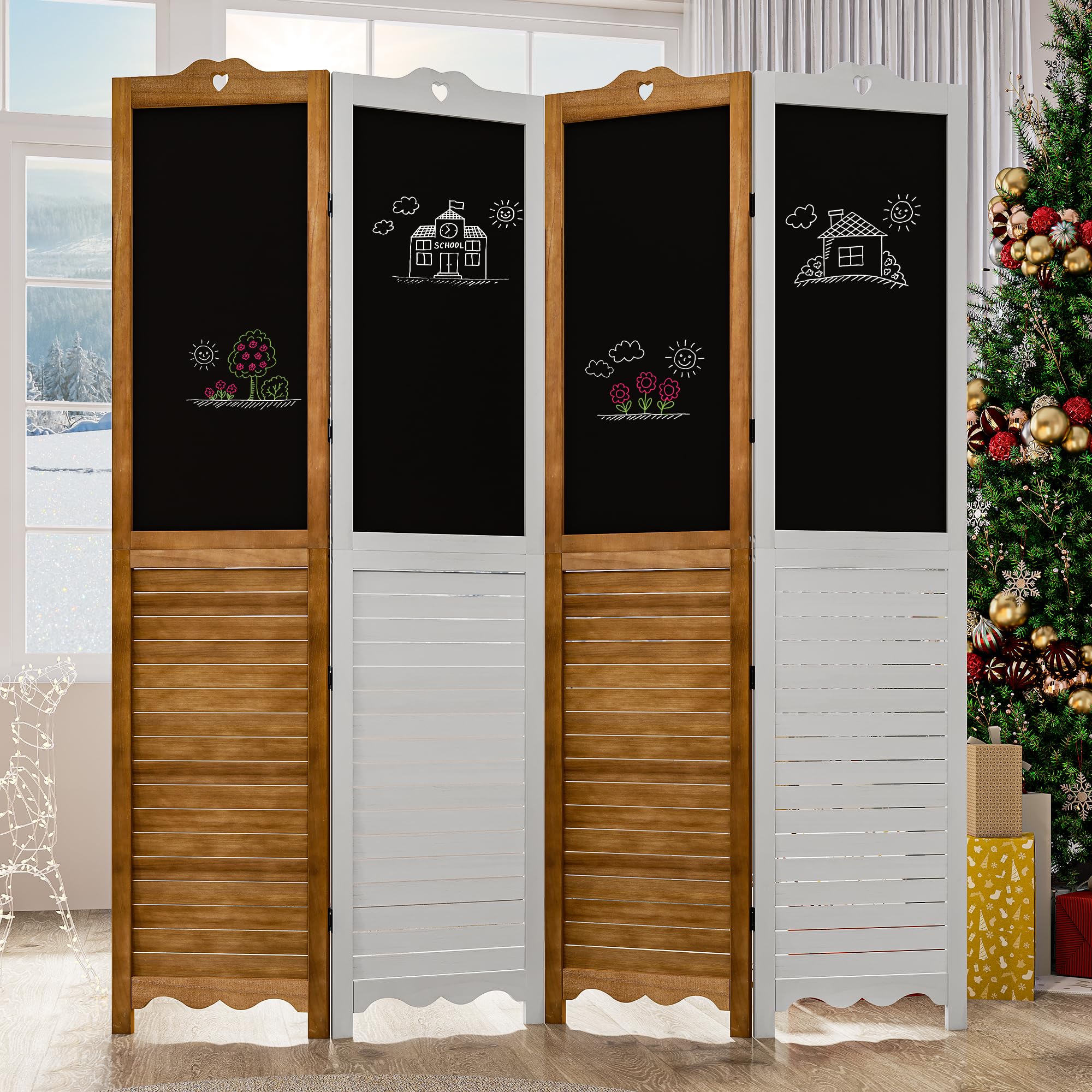 YITAHOME 5.6FT Wood Room Divider 4 Panel Folding Privacy Screens with Chalkboard, Standalone Portable Wall Divider Room Partition for Bedroom, Study, Hotel, Office