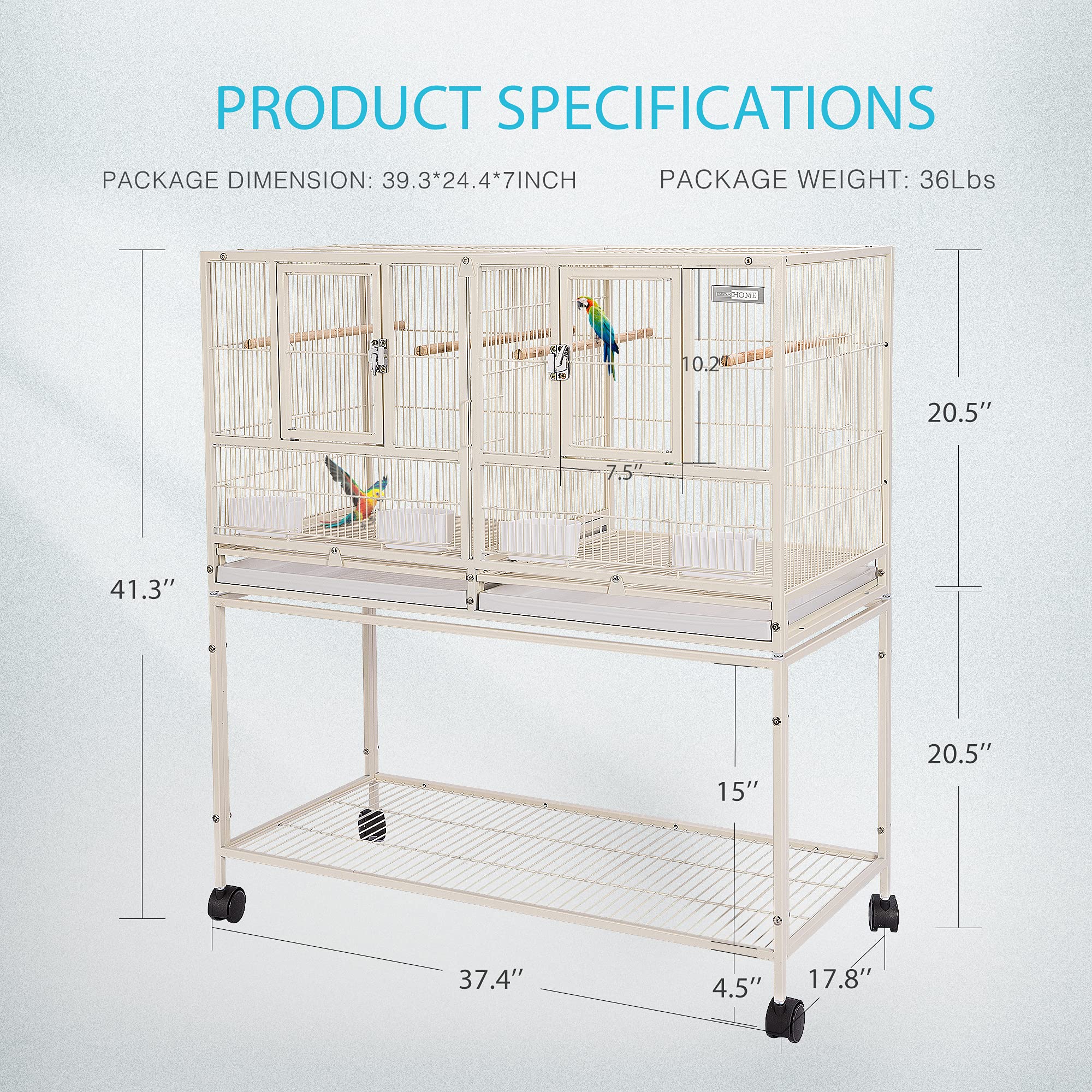 VIVOHOME 41.5 Inch Stackable Divided Breeding Iron Bird Cage Parakeet House with Rolling Stand for Canaries Cockatiels Lovebirds Finches Budgies Small Parrots