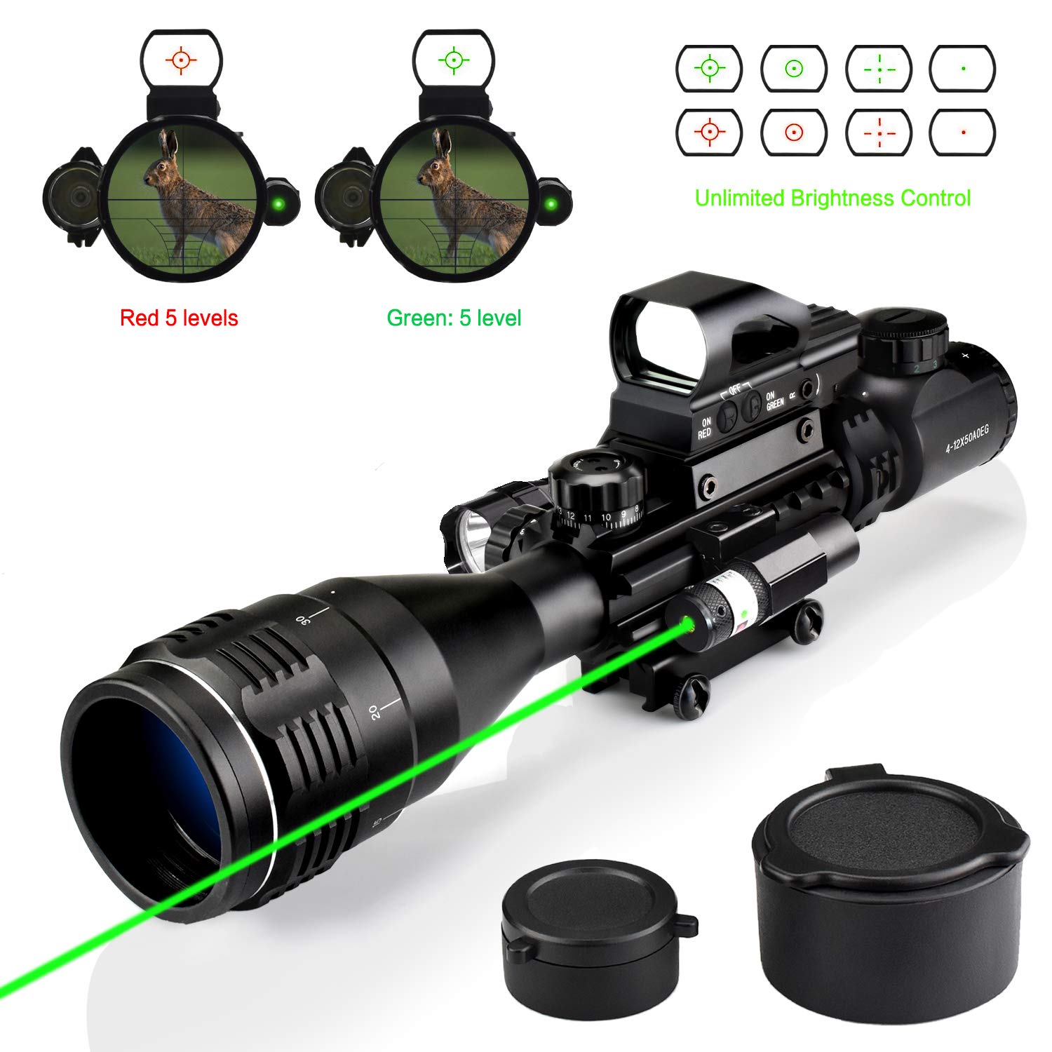 XOPin 4-16x50AO Rifle Scope Combo Dual Illuminated with Green Laser Sight 4 Holographic Reticle Red/Green Dot for Weaver/Rail Mount