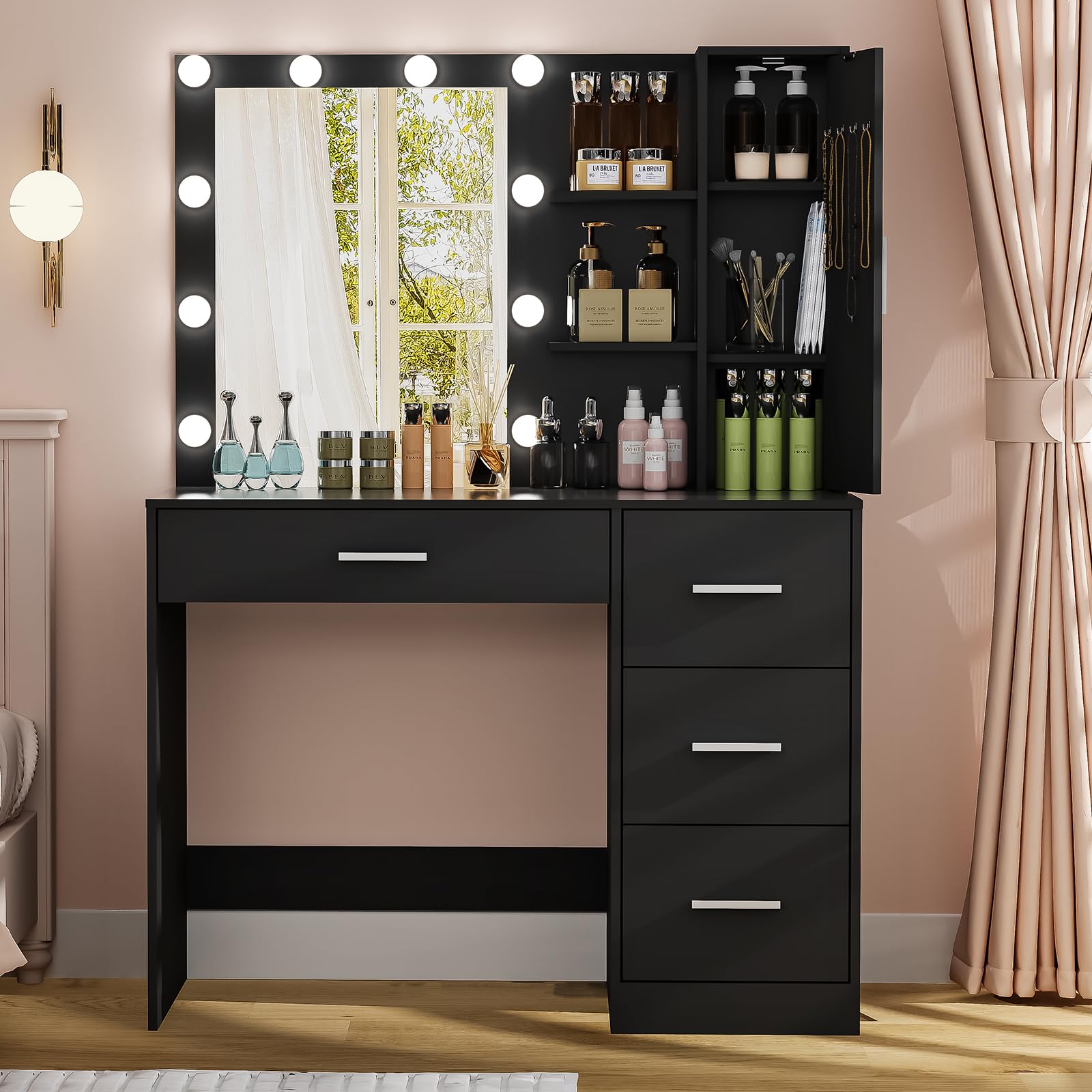 usikey Makeup Vanity with Lights, Vanity Desk with Mirror and 10 LED Lights, Vanity Table Set with 4 Drawers, Cabinet & 4 Necklace Hooks, Dressing Table for Bedroom, Black