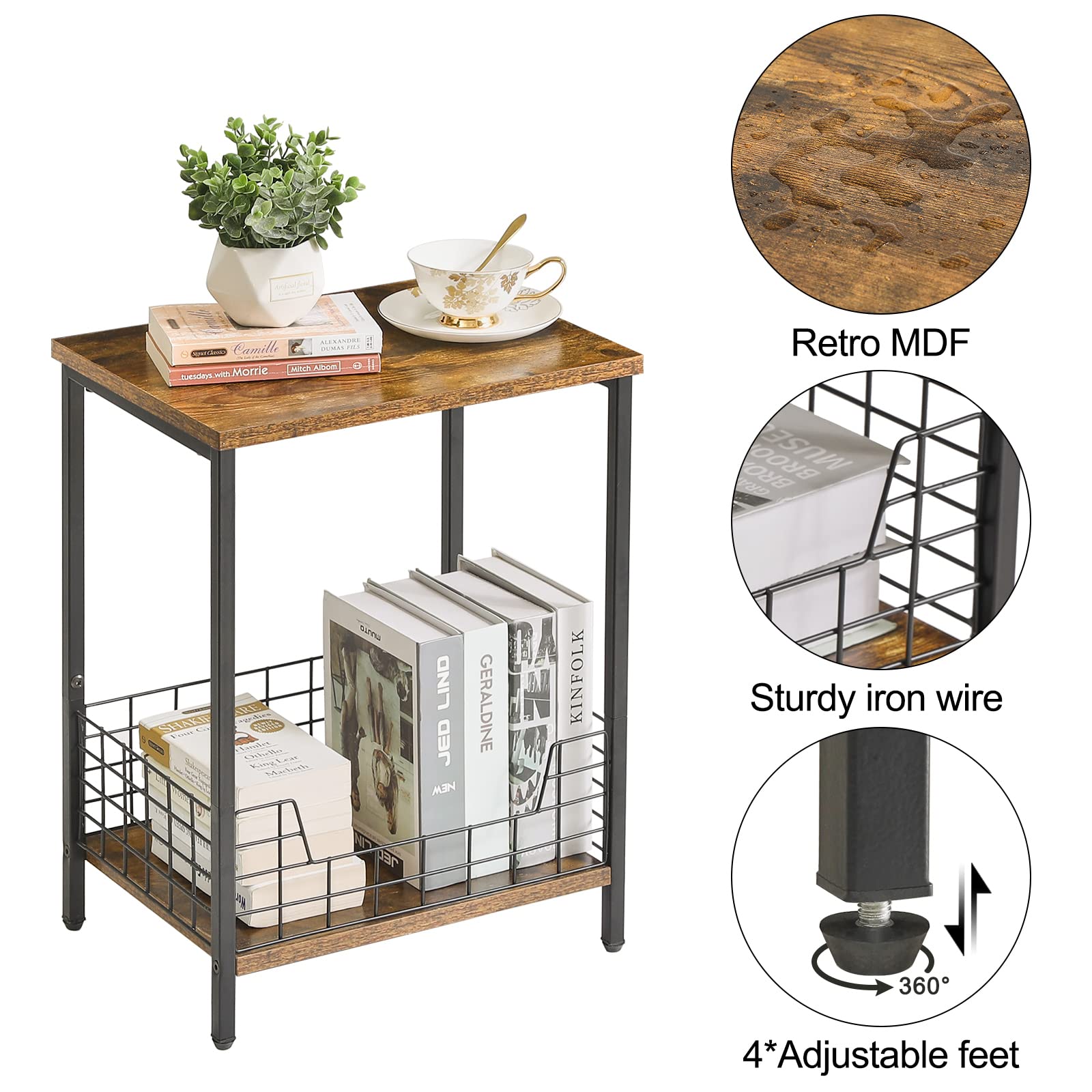 YMYNY 2-Tiers End Table, Side Table with Storage Shelves, Small Nightstand, Industrial Couch Table, for Study, Office, Living Room, Bedroom, Record Player Stand 20.5*15.7*11.4" Rustic Brown UHST001H