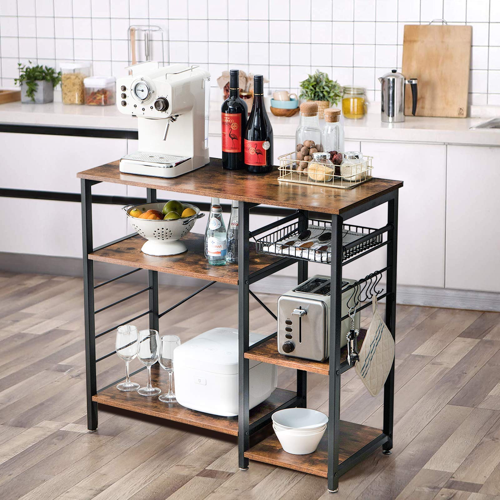 YMYNY Baker’s Rack, Coffee Bar Table Station, Microwave Oven Stand, Multifunctional Kitchen Organizer Workstation, Utility Storage Shelf Rack with 6 S-Hooks, Rustic Brown, 35.4*33.1*15.75 " UHTMJ021H