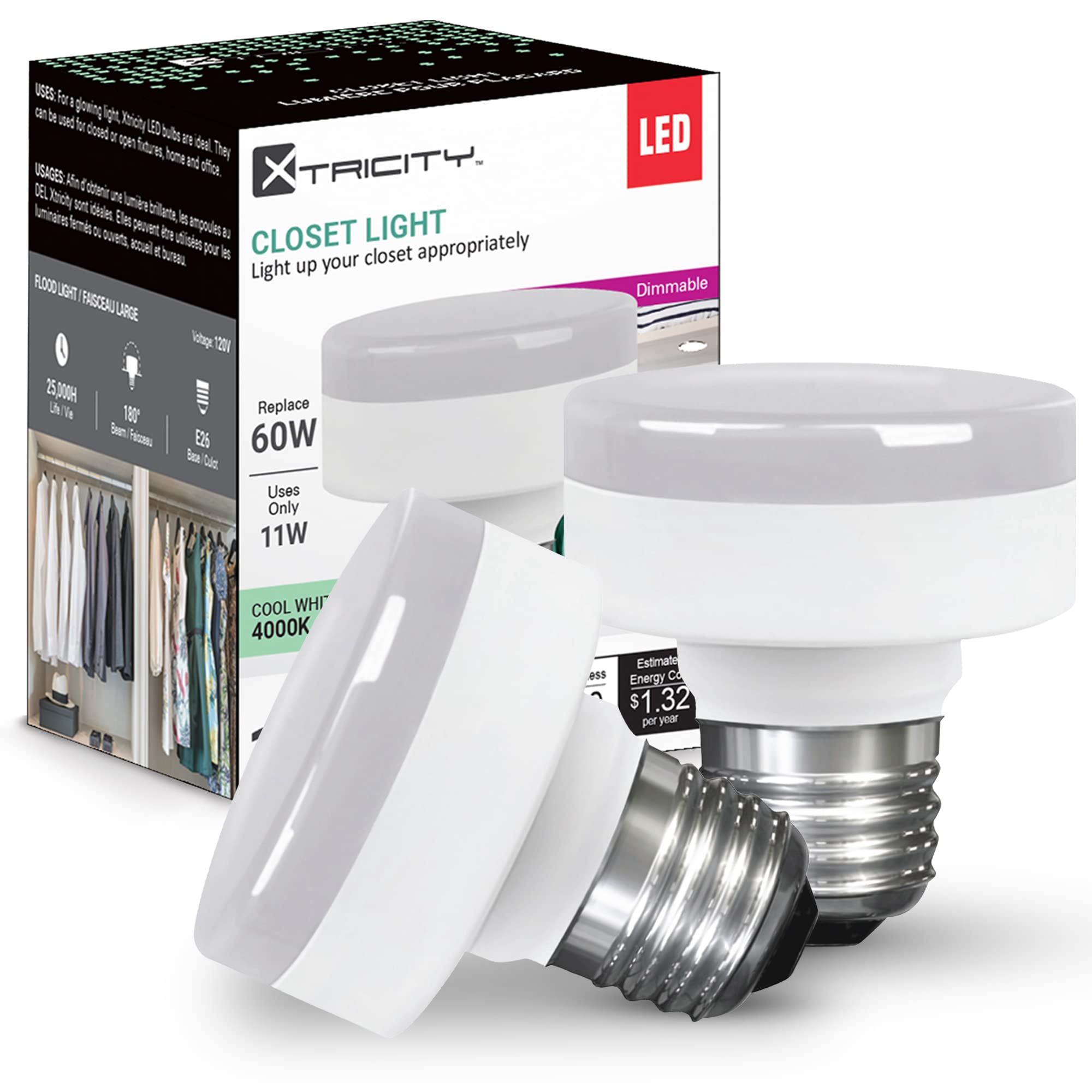 Xtricity LED Closet Low Profile Flat Puck Light Bulb, 11W (60W Eqv) 800 Lumens, 4000K Cool White, Dimmable, E26 Medium Base -120V, UL Listed (2 Pack)
