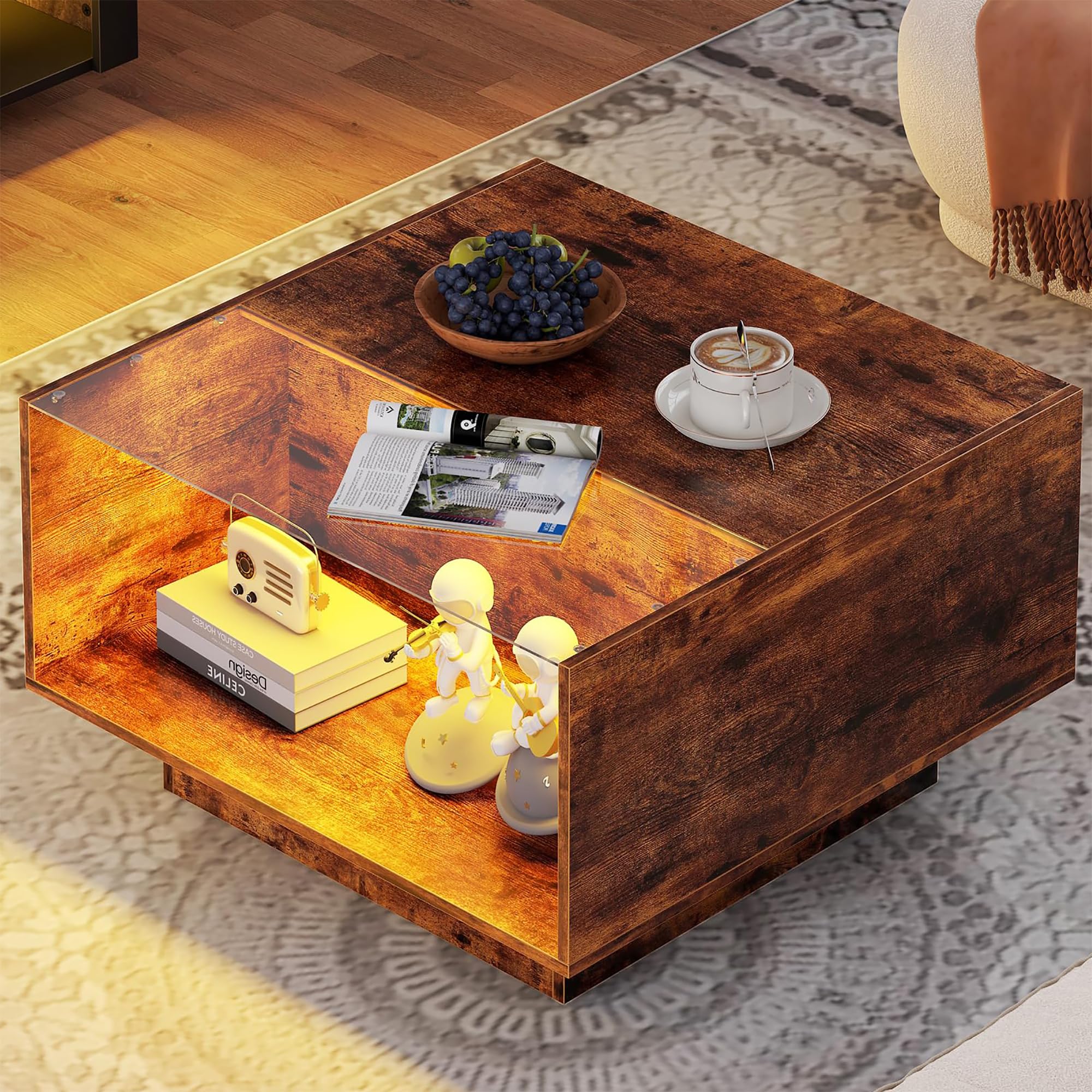 Yusong Modern Wood Coffee Table for Living Room, Retro Mid-Century Center Tables Cocktail Table with Storage Shelf for Reception, Rustic Brown