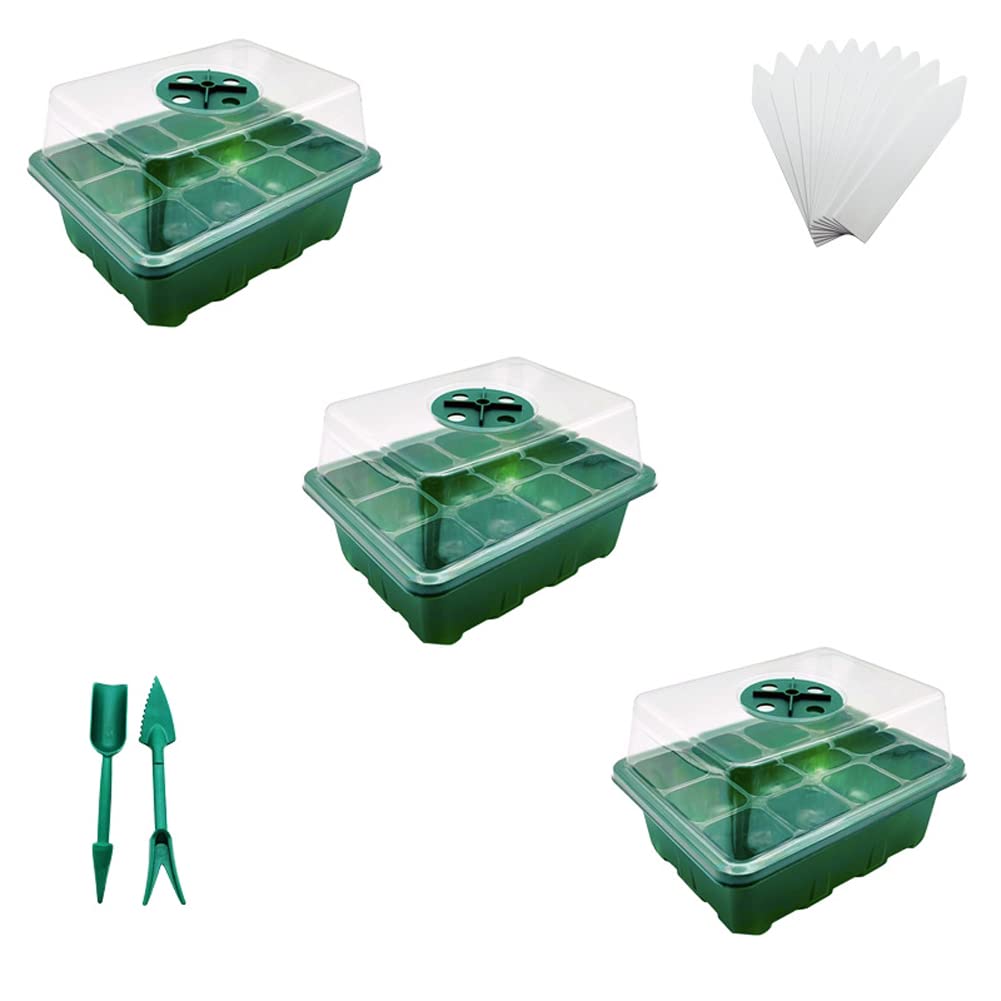 YOOAEFRTY Seed Starter Tray with Grow Light, 3-Pack Seed Starter Kit Indoor Gardening Plant Germination Set with Humidity Dome and Base for Seeds Growing Starting (12 Cells per Tray)