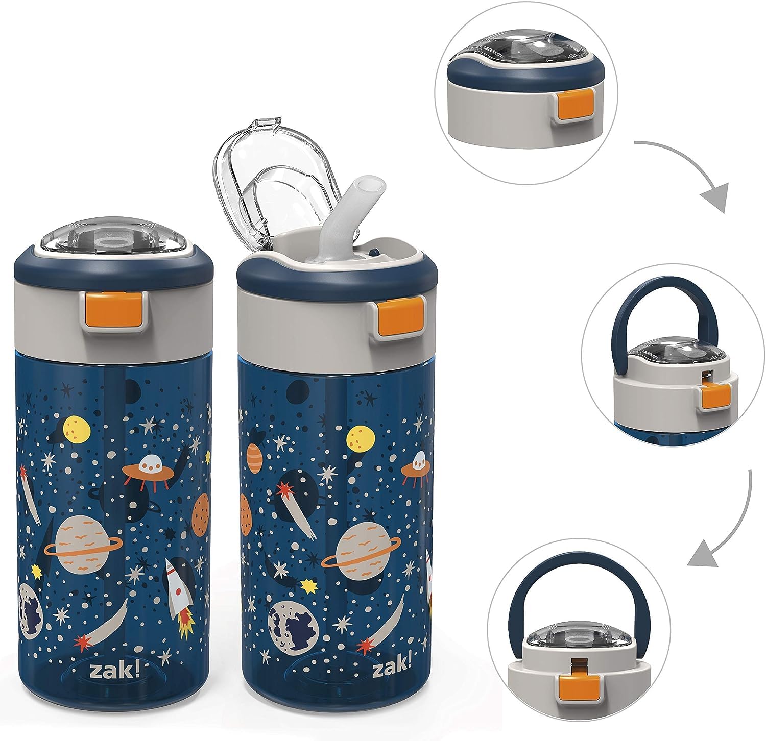 Zak Designs Genesis Durable Plastic Water Bottle with Easy-Open Button Lid and Built-In Carry Handle, Leak-Proof Design is Perfect for Outdoor Sports (18oz, Space, Non-BPA)