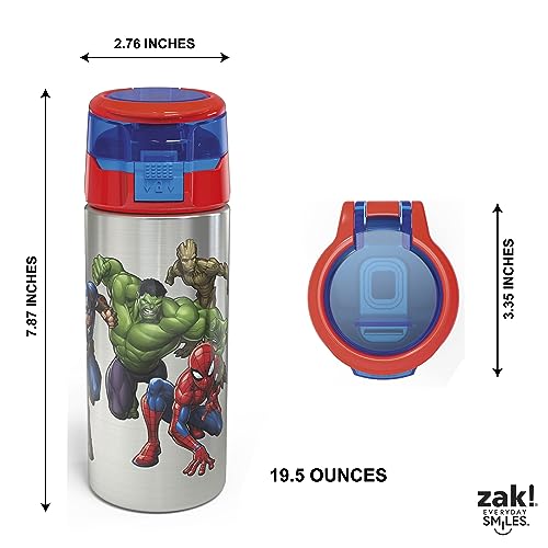 Zak Designs Marvel Comics Durable Single Wall Stainless Steel Water Bottle with Push-Button Flip Lid Leak-Proof Design is Perfect for Outdoor Sports (19.5oz, BPA Free), 19.5 oz, Avengers