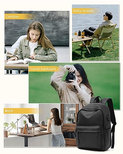 VECAVE Lightweight Backpack for Women Men,Travel Casual Daypack Laptop Rucksack, Waterproof College High Secondary Bookbag PU Leather Computer Laptop Bag Black