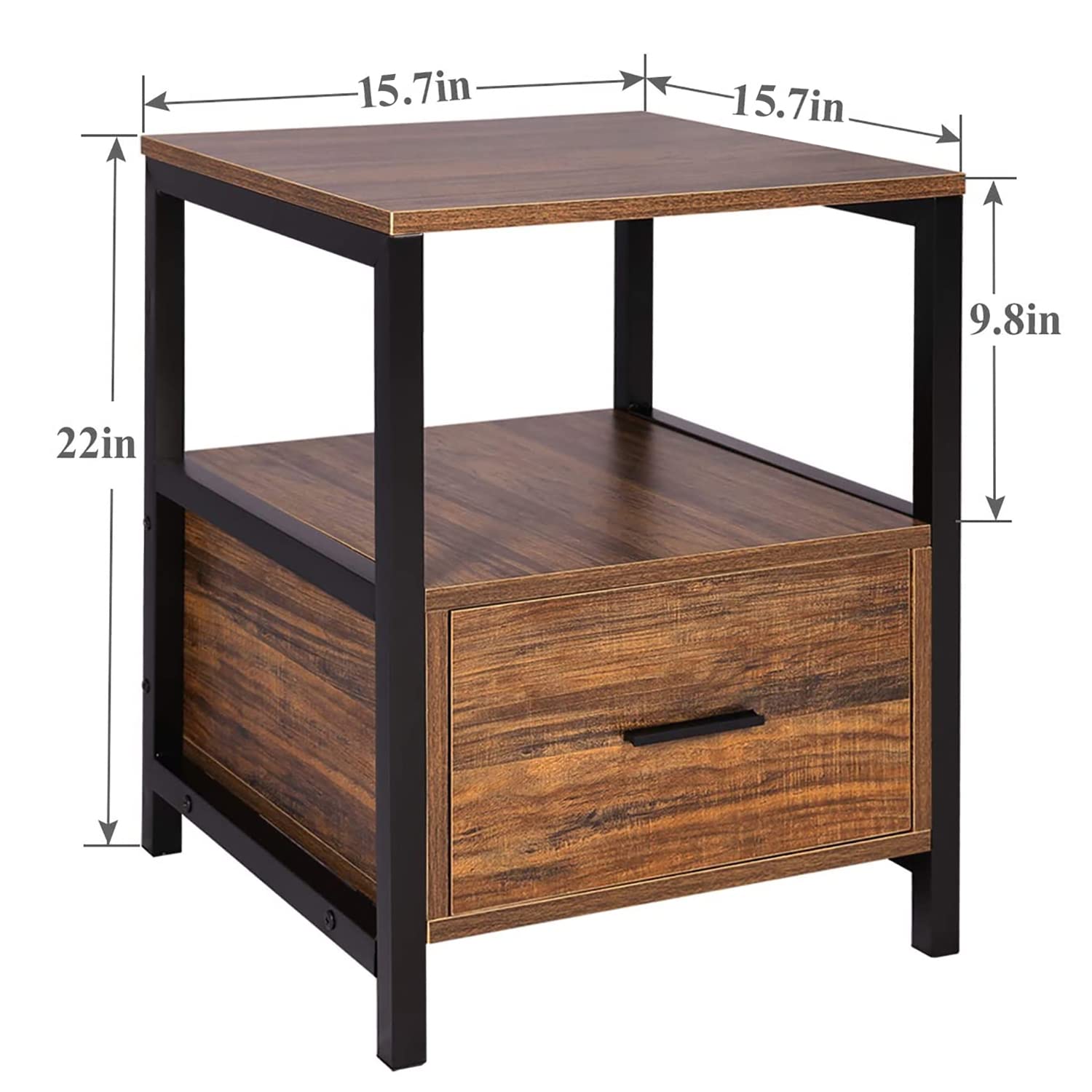 VECELO Nightstand Set of 2, Modern Square Side End Table, Night Stands with Drawer and Storage Shelf for Bedroom, Living Room, Study Metal Frame, 2 Pack, Brown