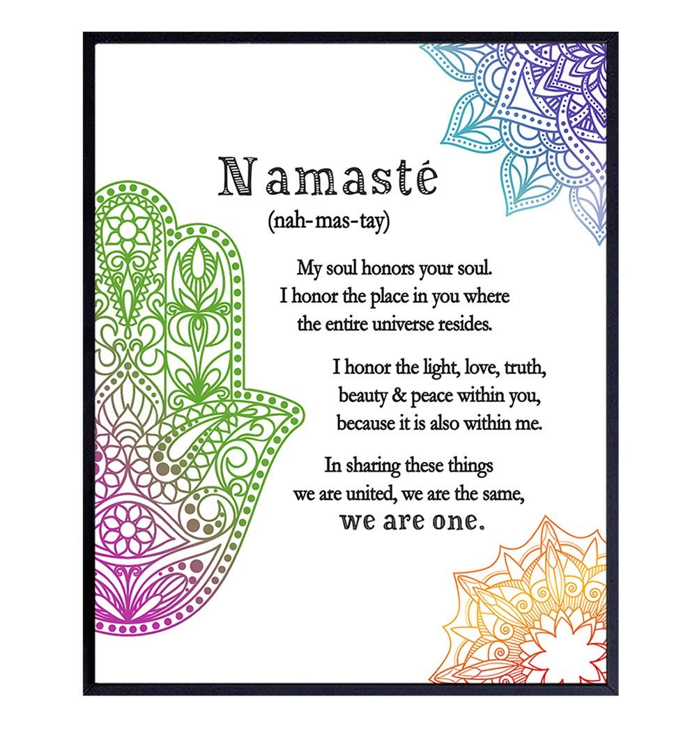 Zen Decor, Namaste Wall Decor, Buddha Wall Art - 8x10 Poster Print for Yoga Meditation Room, Spa Decoration - Spiritual Buddhist Gift With Hamsa Hand of Fatima, Mandala, Lotus