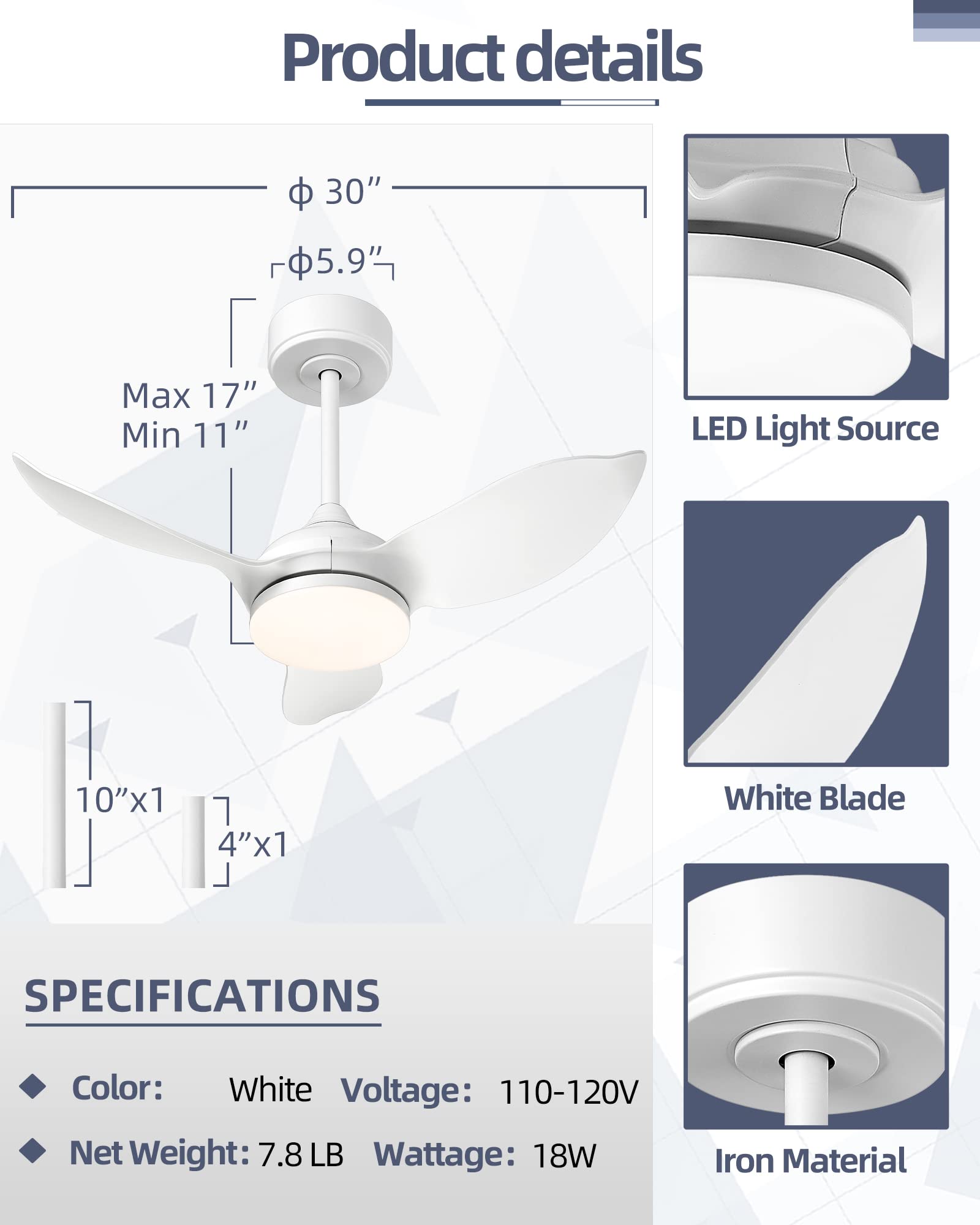 YOUKAIN Ceiling Fans, 30 lnch Small Ceiling fan with Lights and Remote Control, LED Indoor/Outdoor Ceiling Fan with 3 Reversible Blades for Bedroom, Kitchen, Patio, White, 30-YJ652-WH