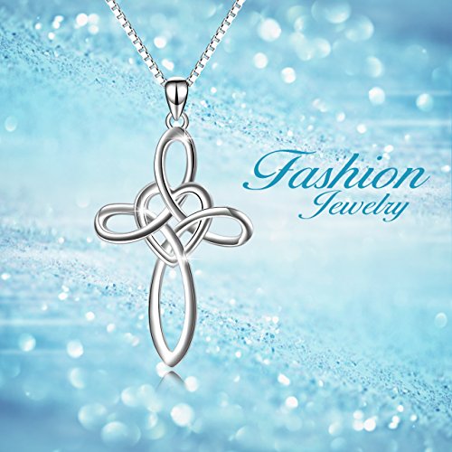 YFN Celtic Knot Cross Necklace 18k White Gold Tone Sterling Silver Infinity Love Heart Pendant Necklace 20" for Women