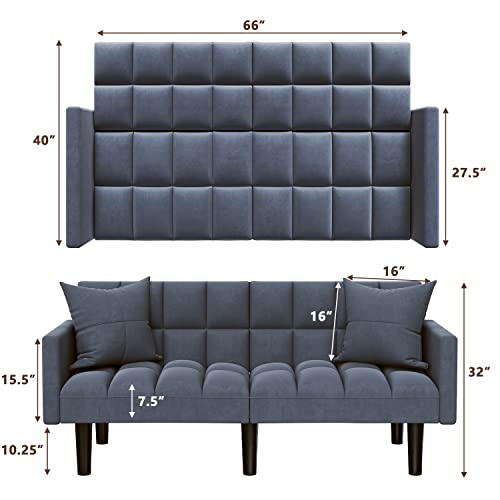 YESHOMY Futon Sofa Bed Upholstered Modern Convertible Couch with Cylindrical Pillow, Suitable for Bedroom, Apartment, Dormitory Retro Style, Navy Blue