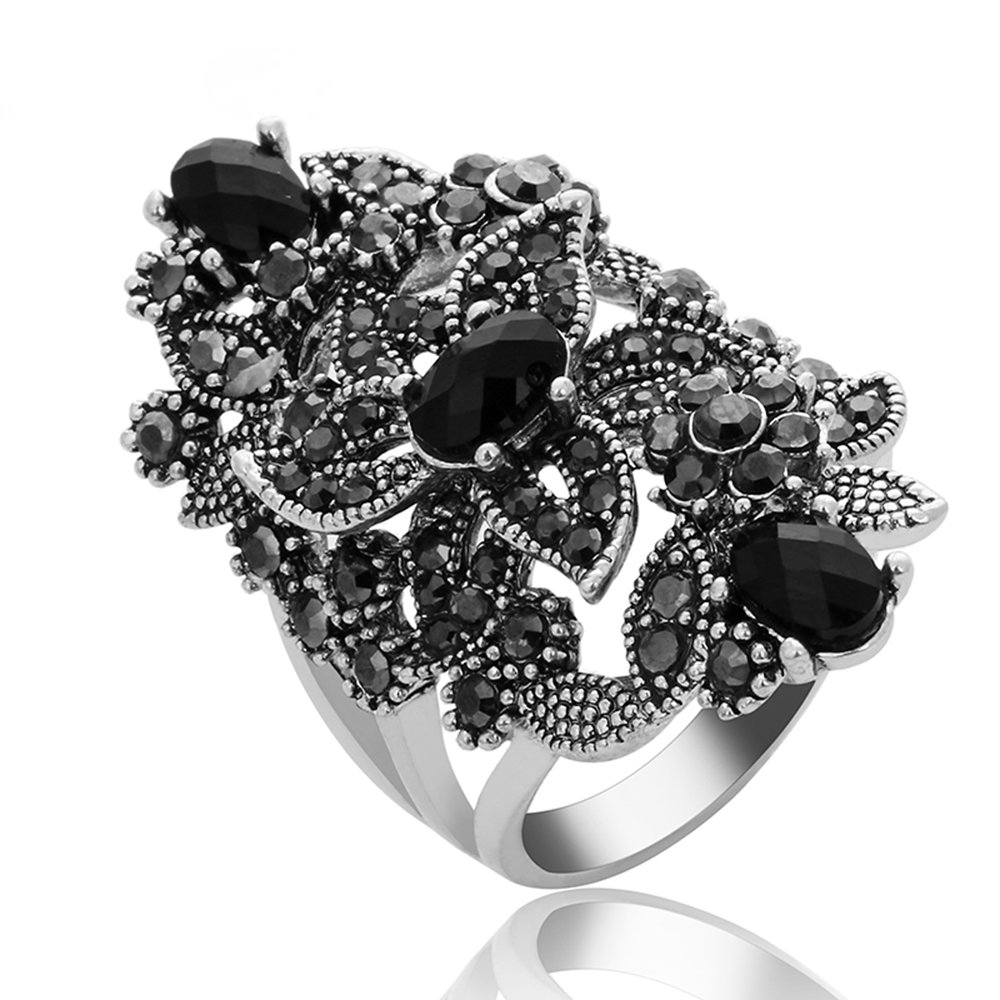Yfnfxl Women Crystal Rhinestone Vintage Rings Black Marcasite Cocktail Statement Silver Ring