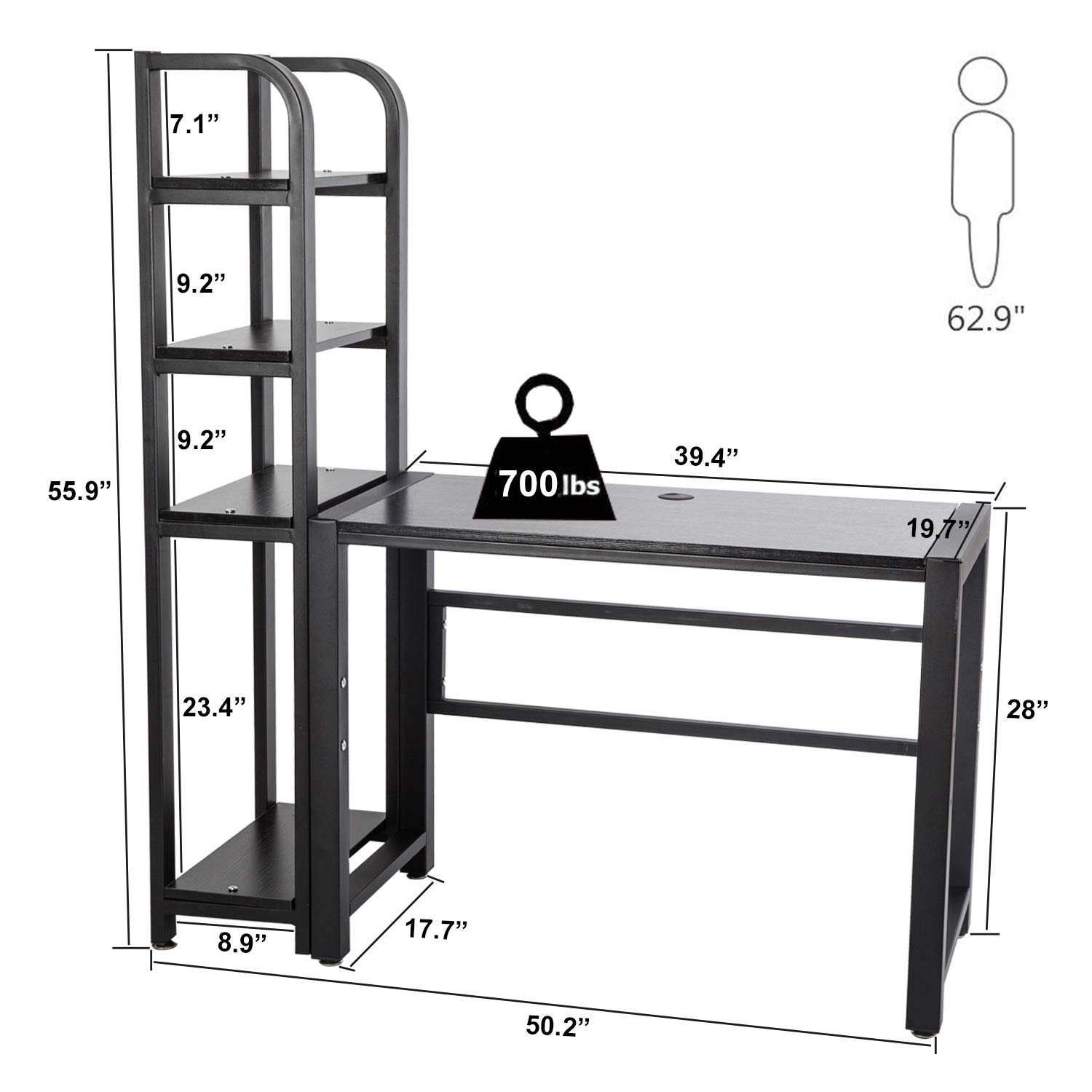 Zhanrui Computer Desk with 4 Tier Storage Shelves Modern Large Office Desk Computer Table Multi Level Writing Study Table with Bookshelf and Tower Shelf for Home Office Workstation,Black