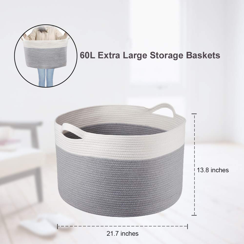 Zilink Large Blanket Basket for Living Room 21.7" x 13.8" Rope Woven Baskets for Storage Decorative Toy Basket for Organizing with Carry Handles, Grey White
