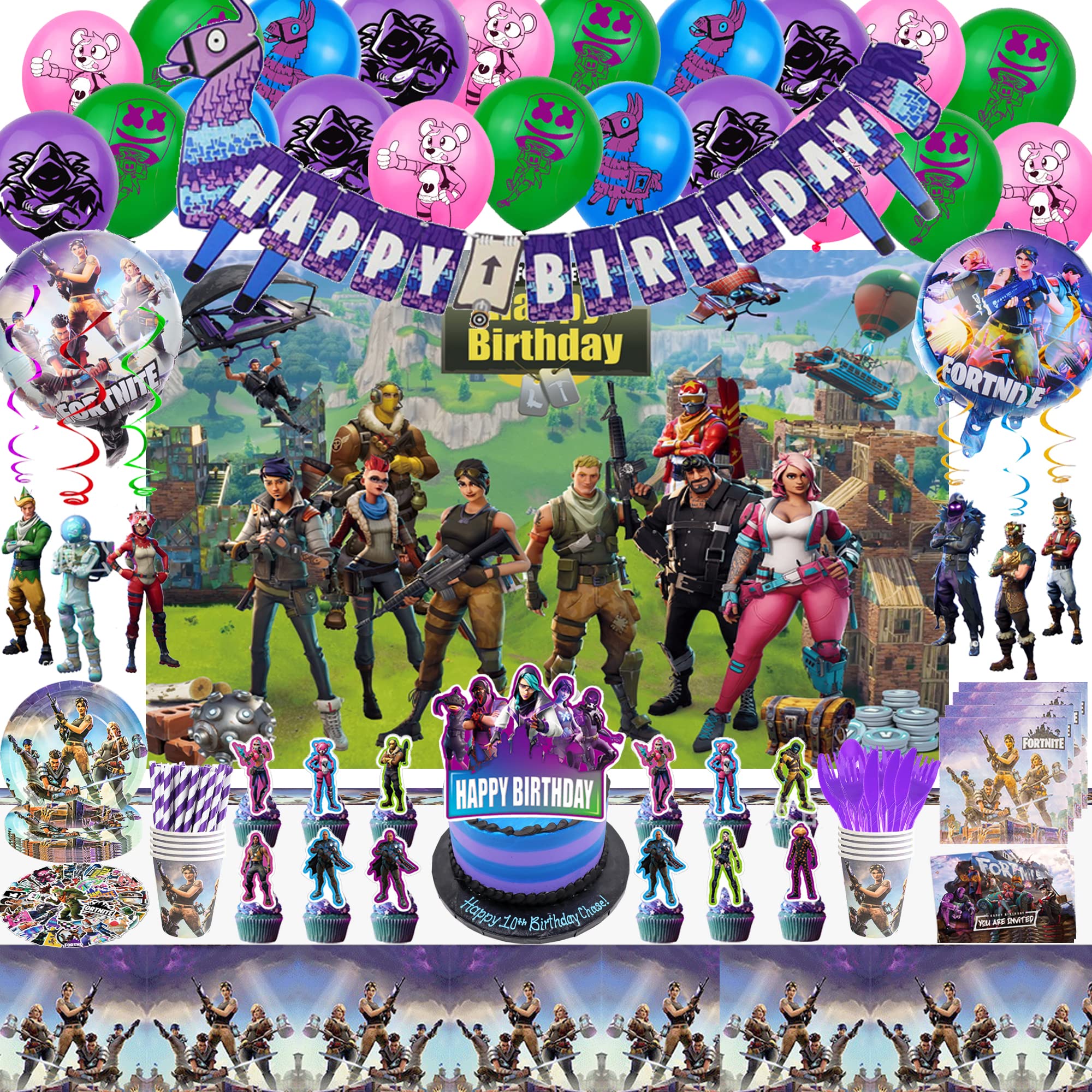 Video Game Party Supplie, 226 Pcs Birthday Decorations includes Happy Birthday Banner, Backdrop, Balloon, Cake Topper, Tableware, Napkins, Stickers