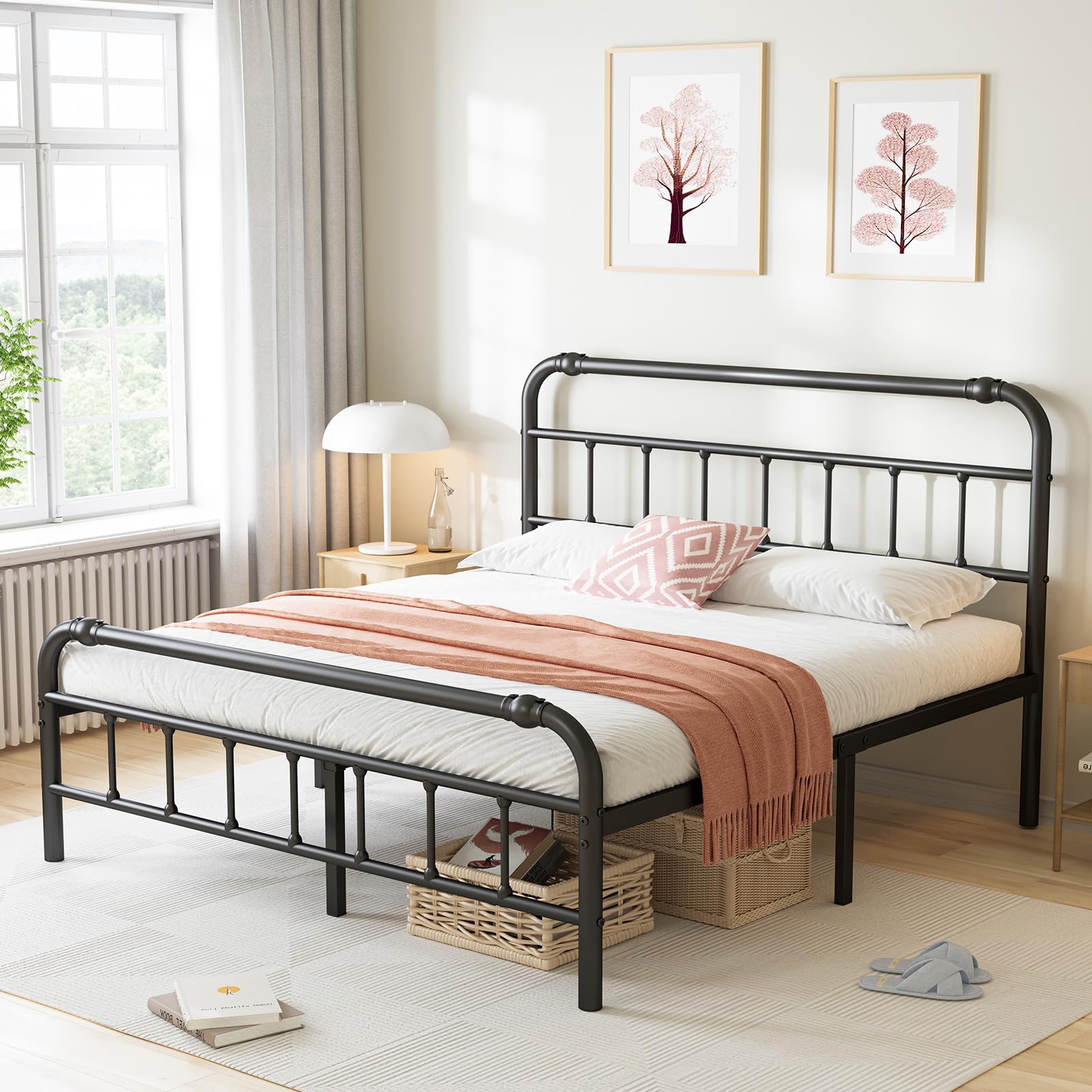 ZIYOO Queen Bed Frame with Headboard and Footboard, 14 Inch High, Heavy Duty Steel Slats Up to 3500lbs Support, No Box Spring Needed, Easy Assembly, Noise-Free Platform-Black
