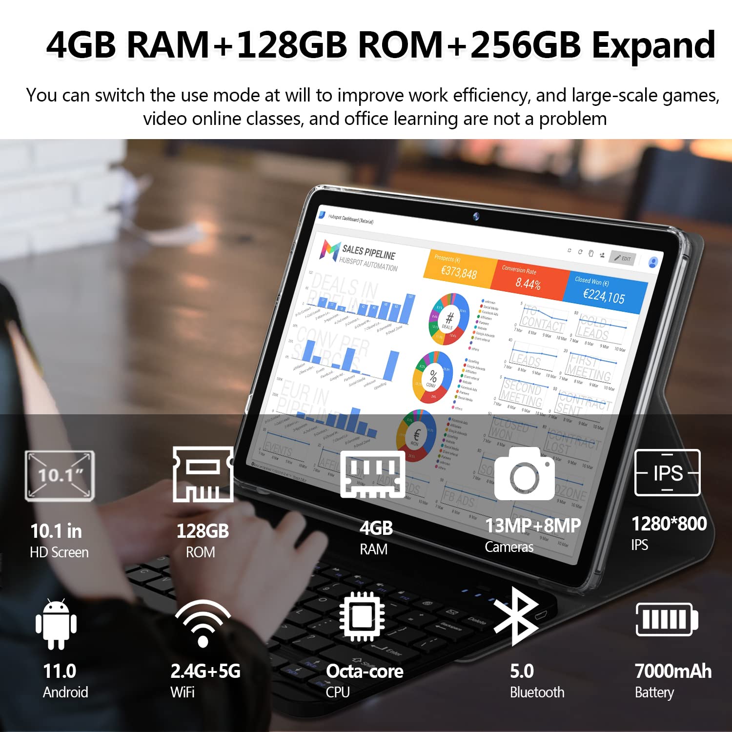 ZONKO 2 in 1 Tablet 10 inch 128GB/512GB Expand Storage 2.4G&5G WiFi Android Tablet PC with Octa Core Processor HD Touchscreen,13MP Dual Camera, GMS Tablet with Detachable Keyboard(5G WiFi Version)