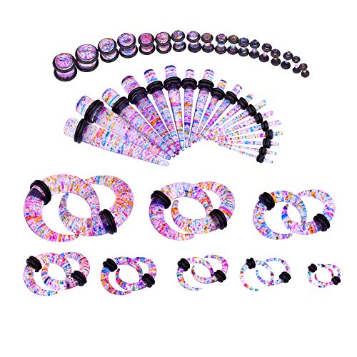 YOFANST 14G-00G 54pcs Acrylic Ear Gauges Stretching Kit Crescent Shaped/Spiral Taper Plug Set (Rainbow Glitter)