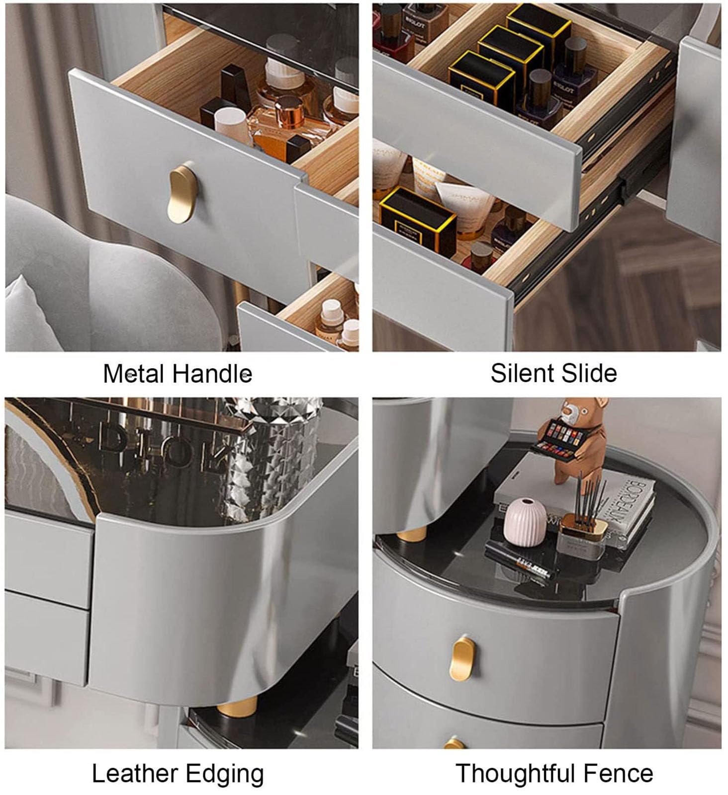 ZTGL Makeup Vanity Desk with Lighted Mirror and Glass Top, Large Vanity Table Set with Drawers, Side Cabinet & Chair, Solid Wood Large Dressing Table with Touch Mirror LED Lights,Grey,80cm/31.5in