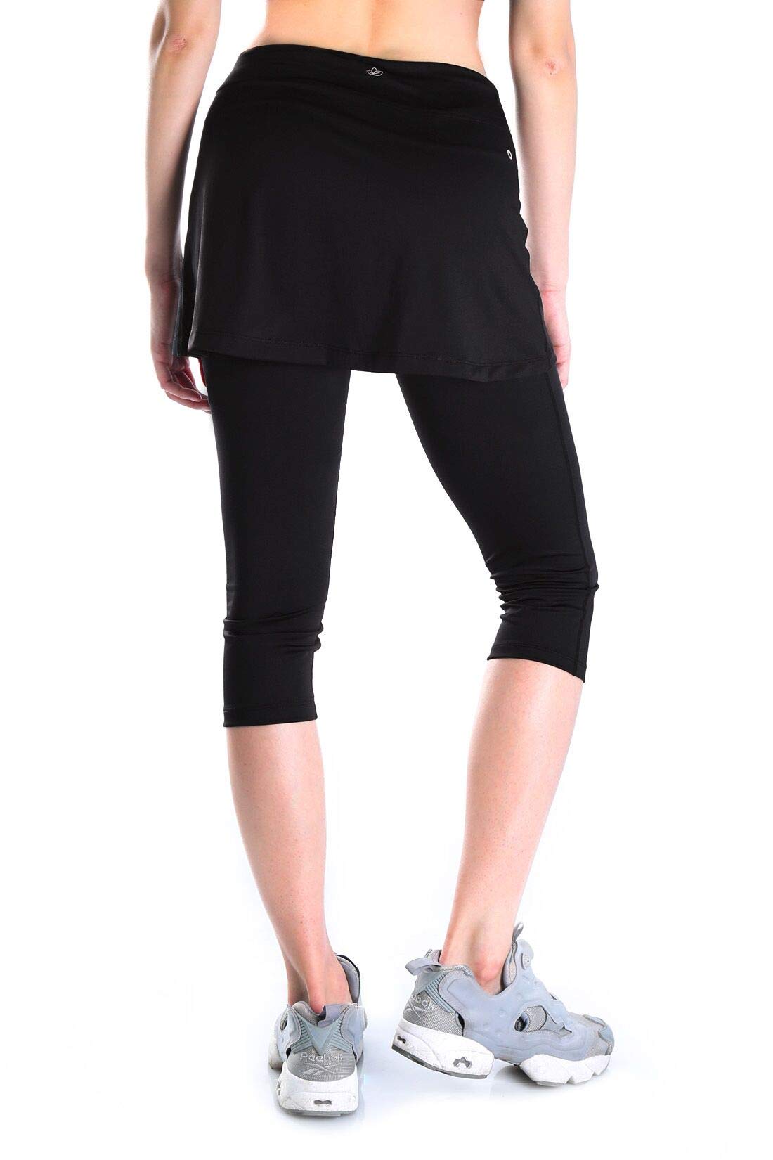 Yogipace Women's UV Protective Capri Leggings with Skirt, Running Skirted Capri, Active Skort with Golf Tennis Ball Pockets, Black, XL