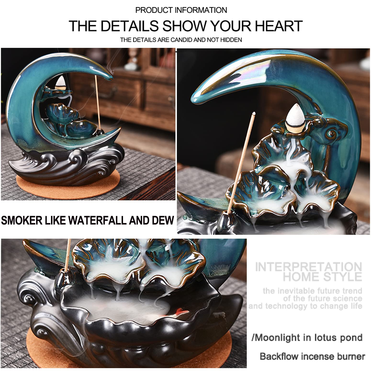 Zvaiuk New Moon Backflow Incense Holder, Ceramic Hand-Made Incense Fountain Burner with 100 Backflow Incense Cones,Fragrance Incense Stick,mat,Aromatherapy Home Decoration
