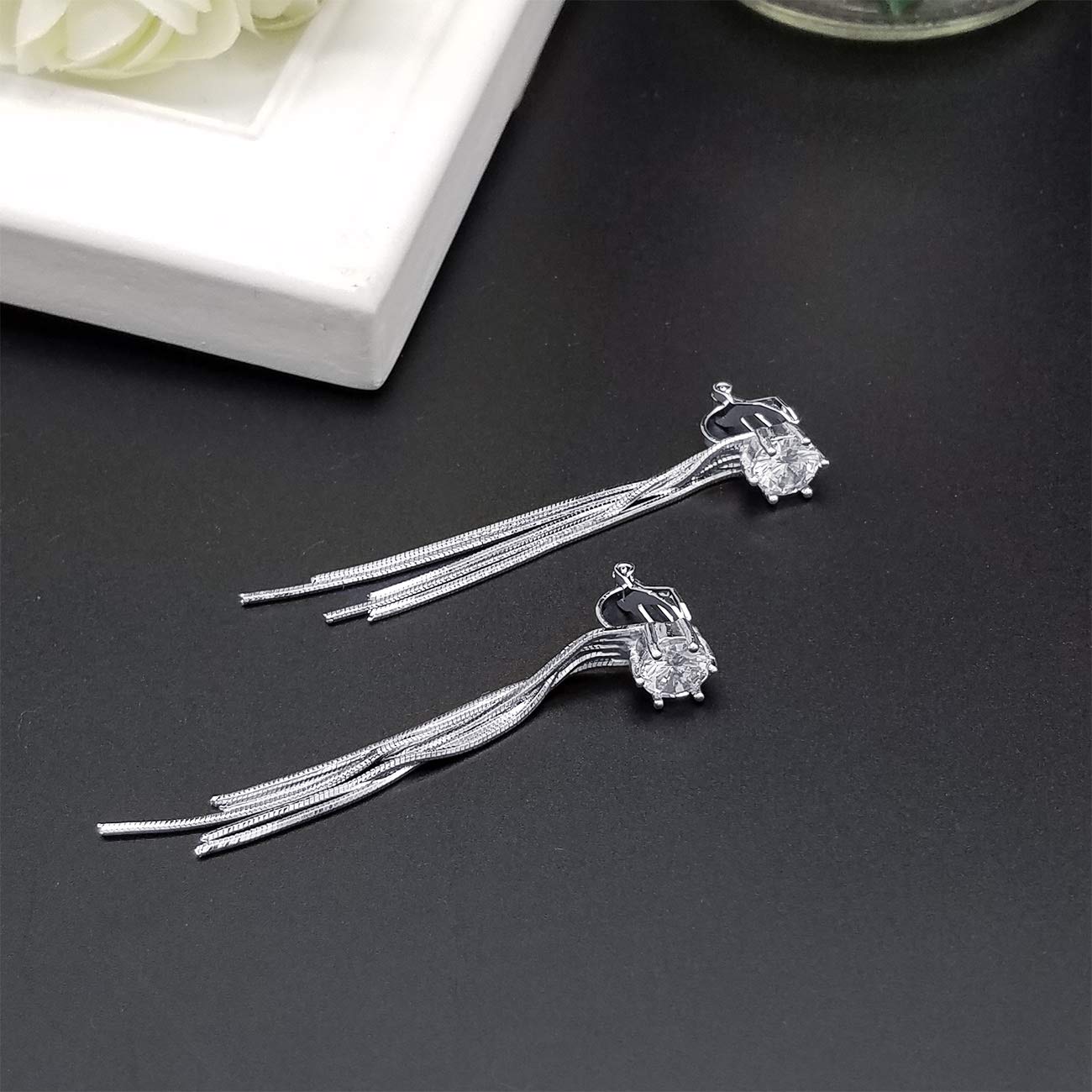 YOQUCOL 7MM Bright Cubic Zirconia Crystal Tassel Dangle Clip On Long Drop Non Pierced Wedding Earrings For Women