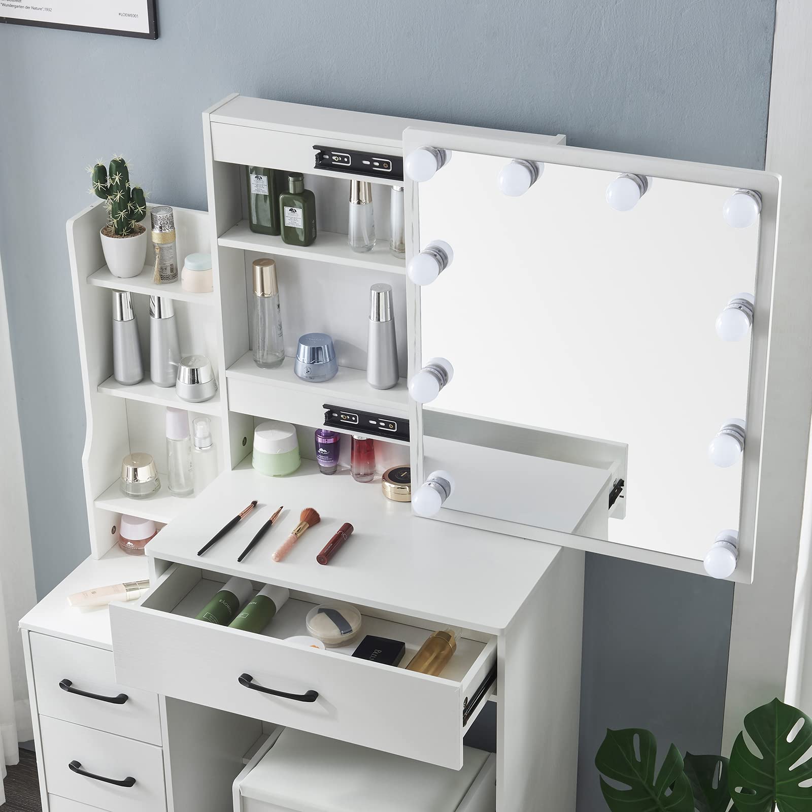 White Makeup Vanity Table with Mirror and Lights, Vanity Desk with 4 Drawers and Shelves Lots Storage, 3 Lighting Modes Dressing Table for Mother Daughter