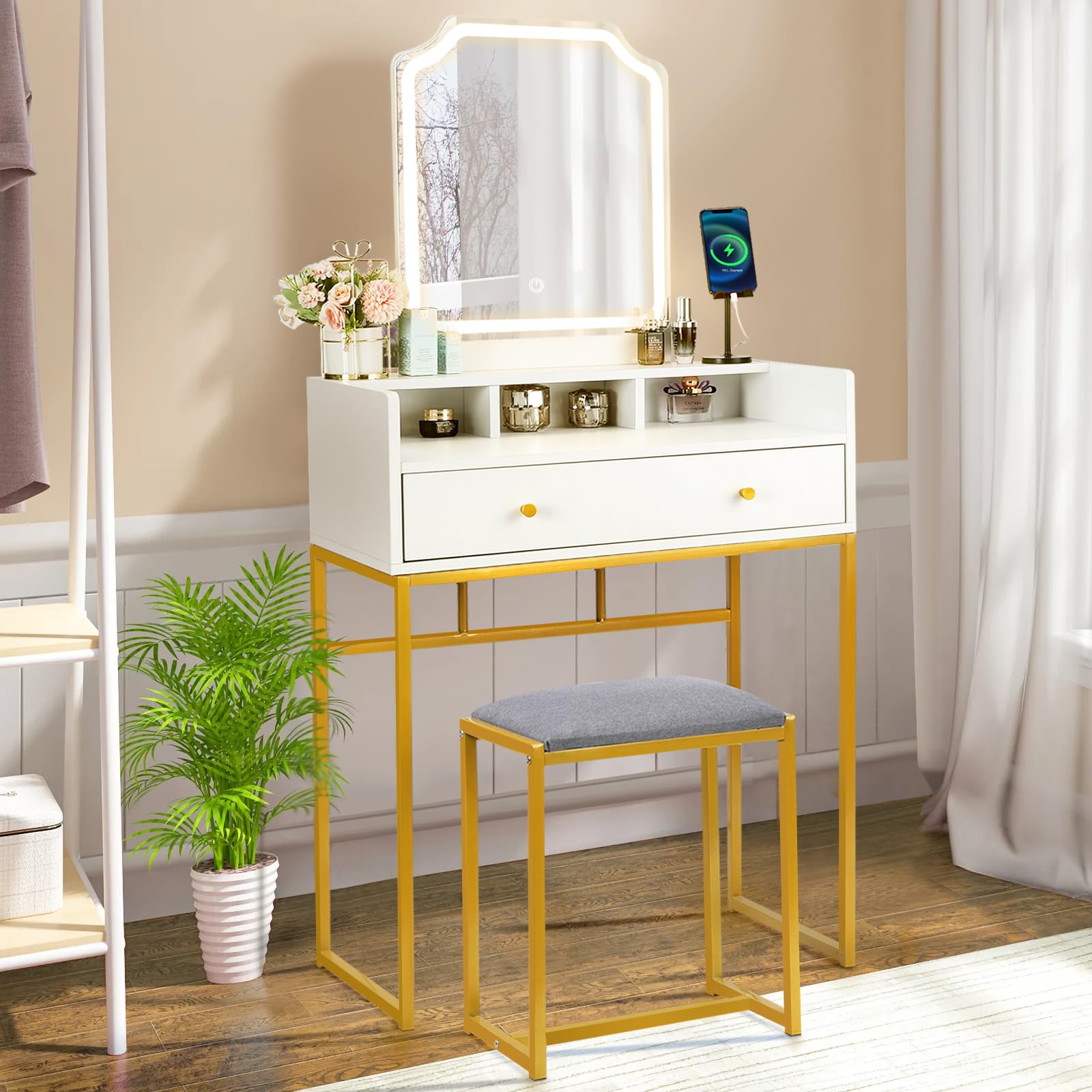 VOWNER Makeup Vanity Desk with Lighted Mirror, 3 Color Dimmable Vanity Table Set for Bedroom with Power Outlet, Drawer & Cushioned Stool, White, VOWNER-171