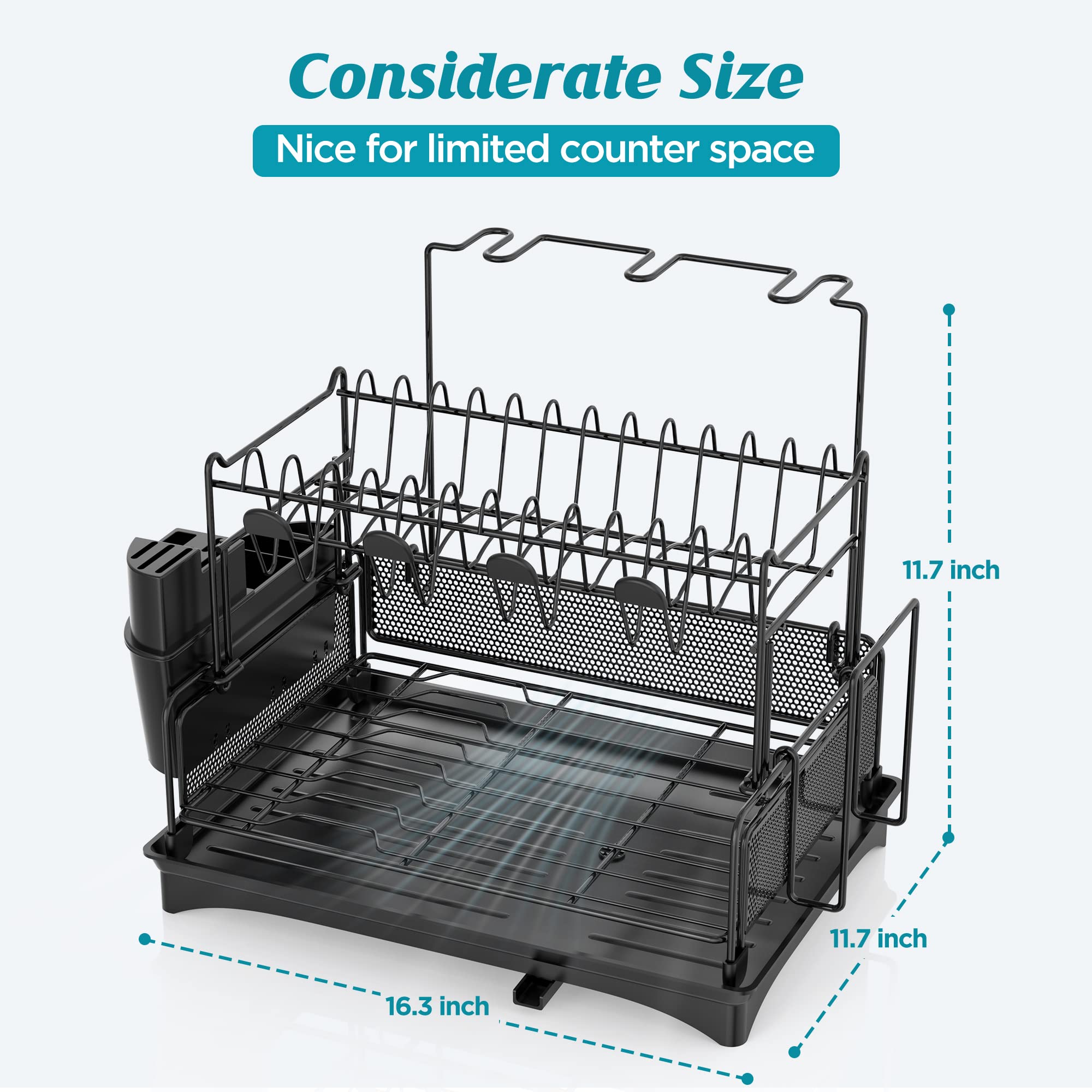 Wahopy Extra Large Dish Drying Rack - 2 Tier Dish Drying Rack with Drainboard for Kitchen Counter, Stainless Steel Dish Drying Rack with Cups, Forks, Knives, Utensil Holder